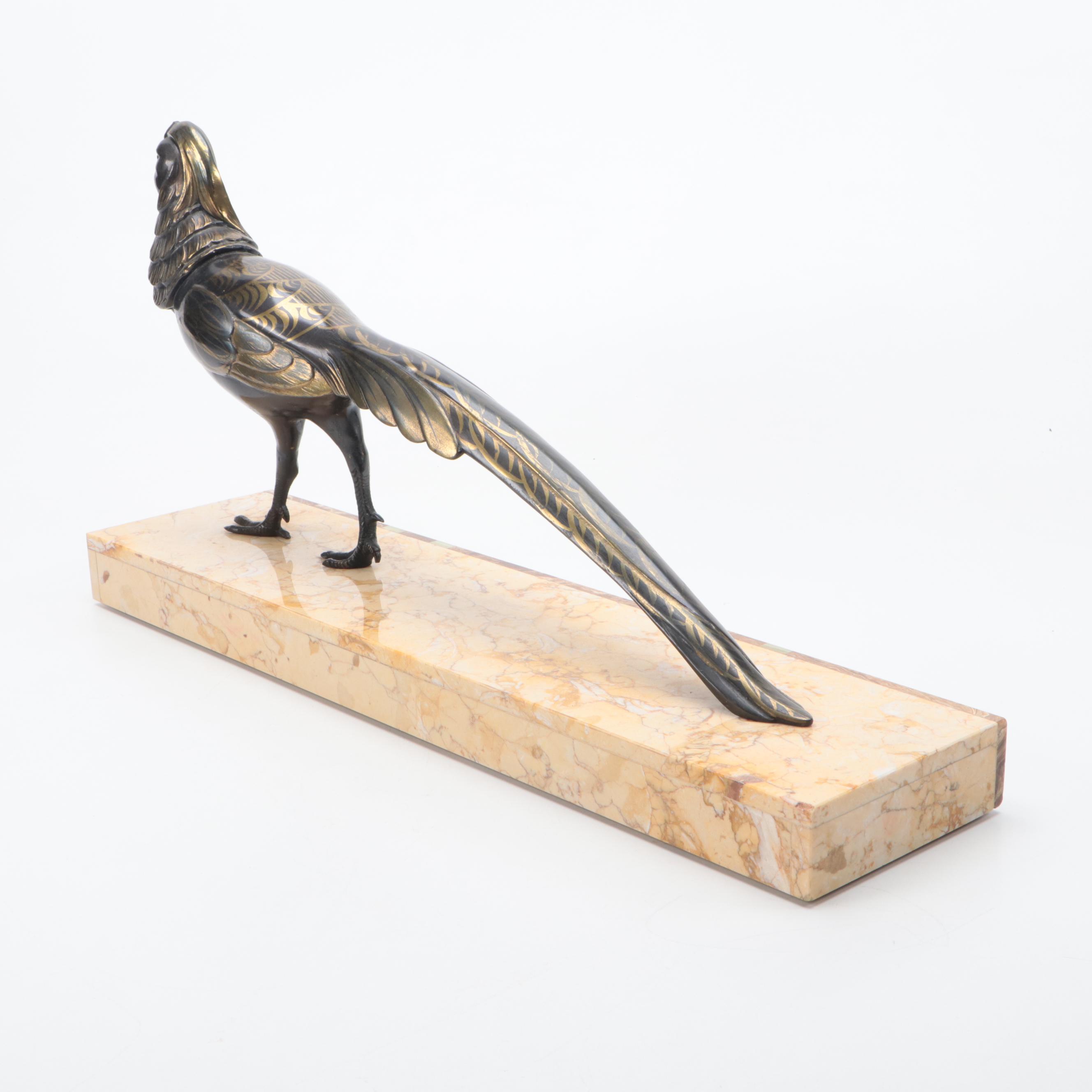 Hand-Painted Metal Pheasant on Brass, Banded Calcite and Travertine ...