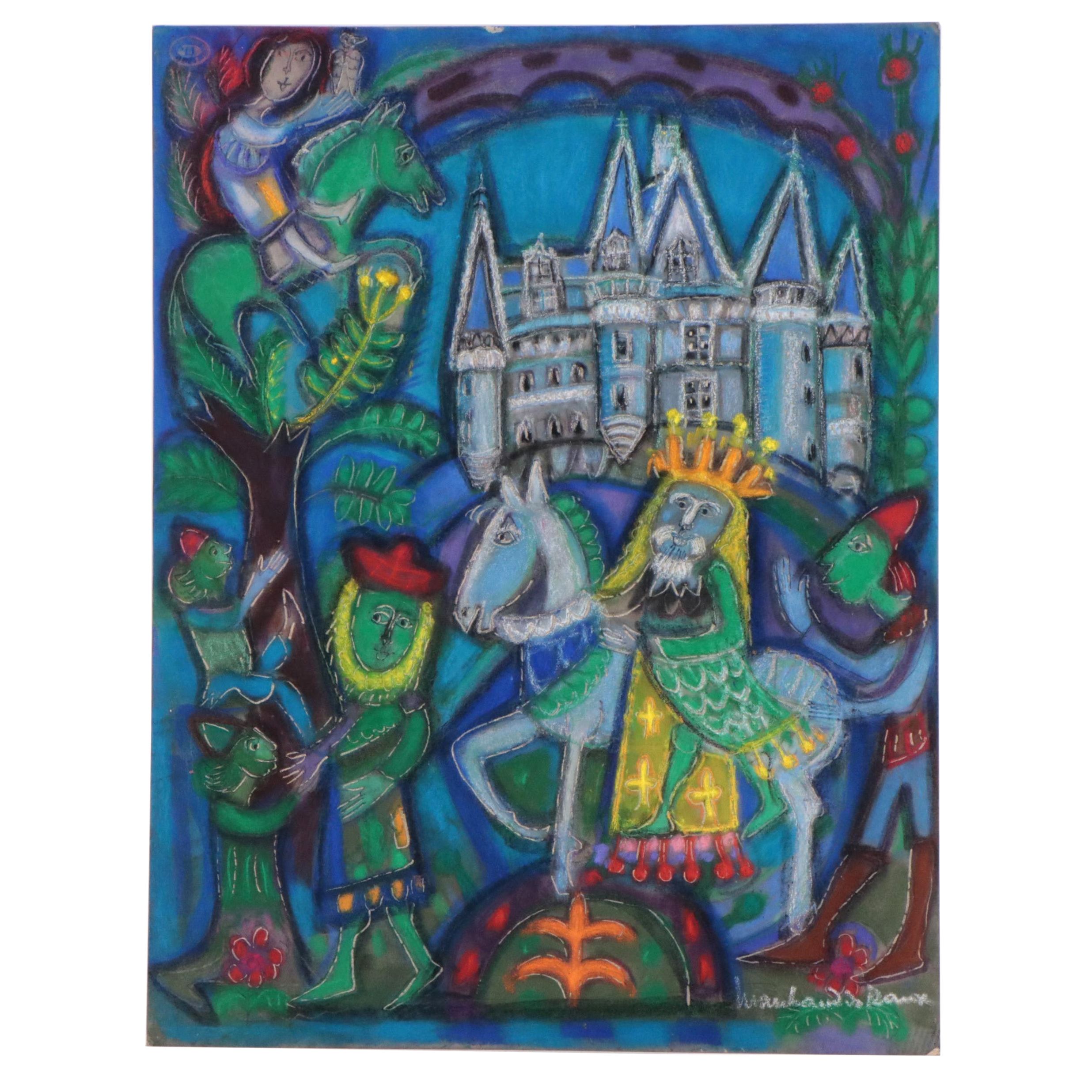 Louis Marchand Des Raux Whimsical Figurative Pastel Drawing | EBTH