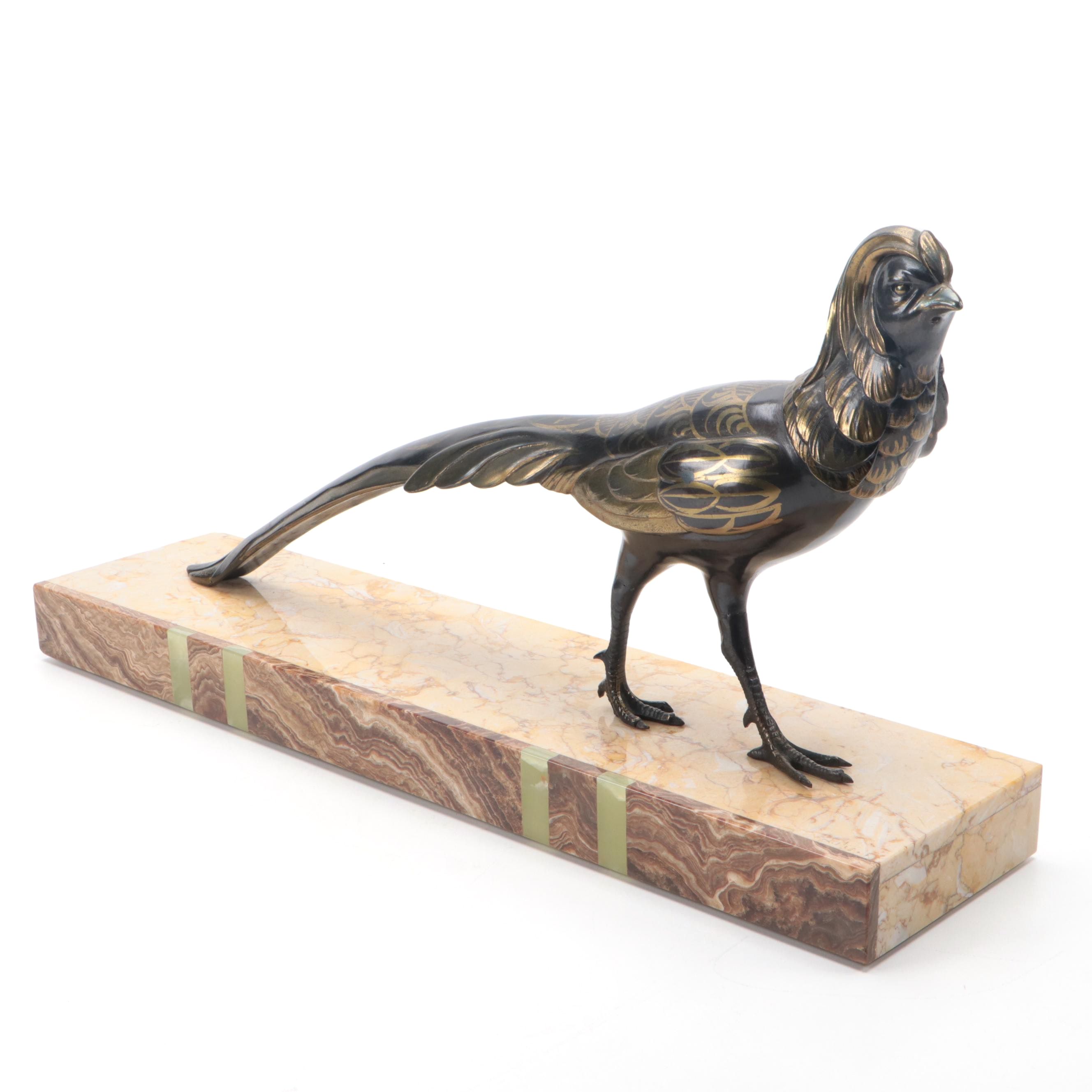 Hand-Painted Metal Pheasant on Brass, Banded Calcite and Travertine ...