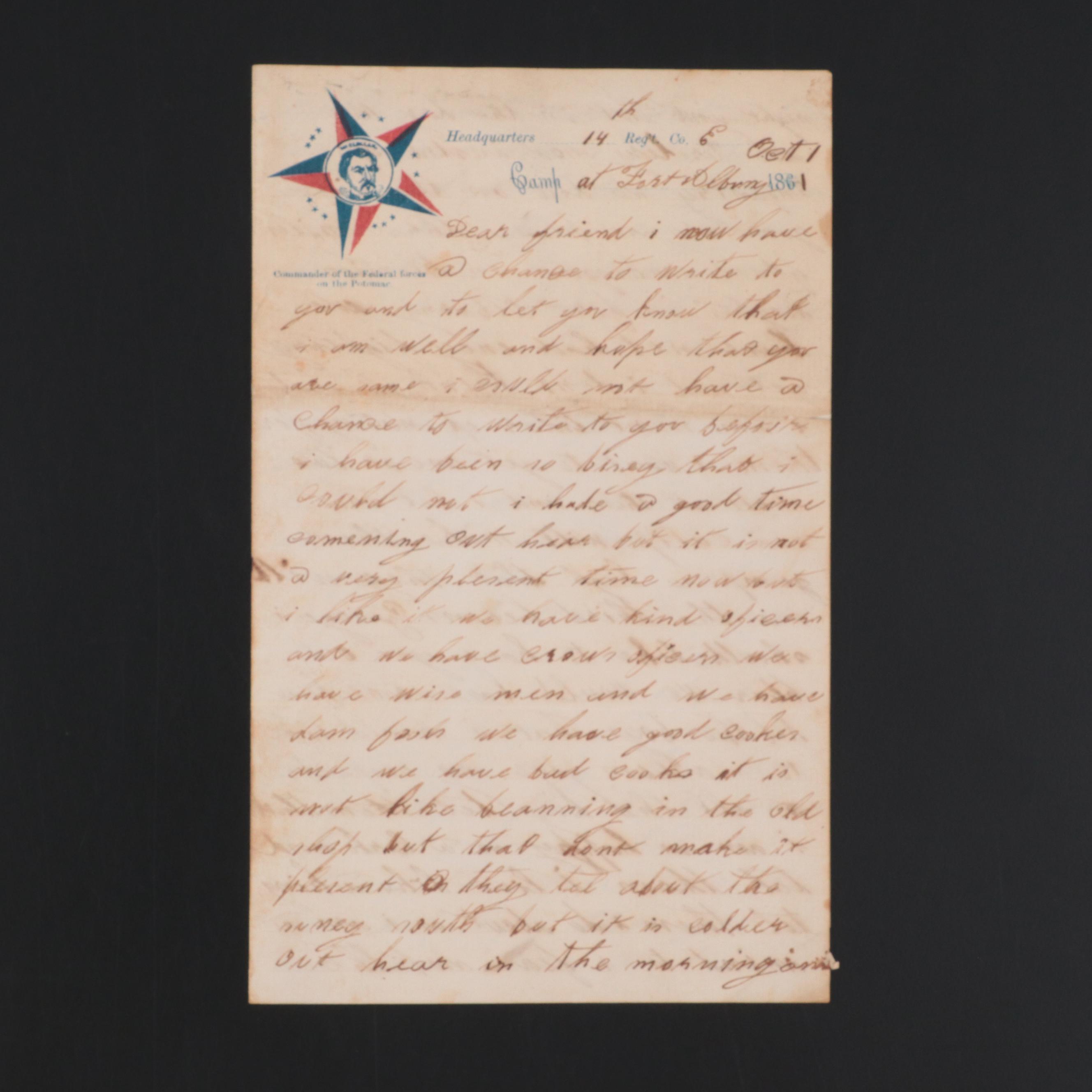 Early Civil War Letter from Union Soldier at Fort Albany in Virginia ...