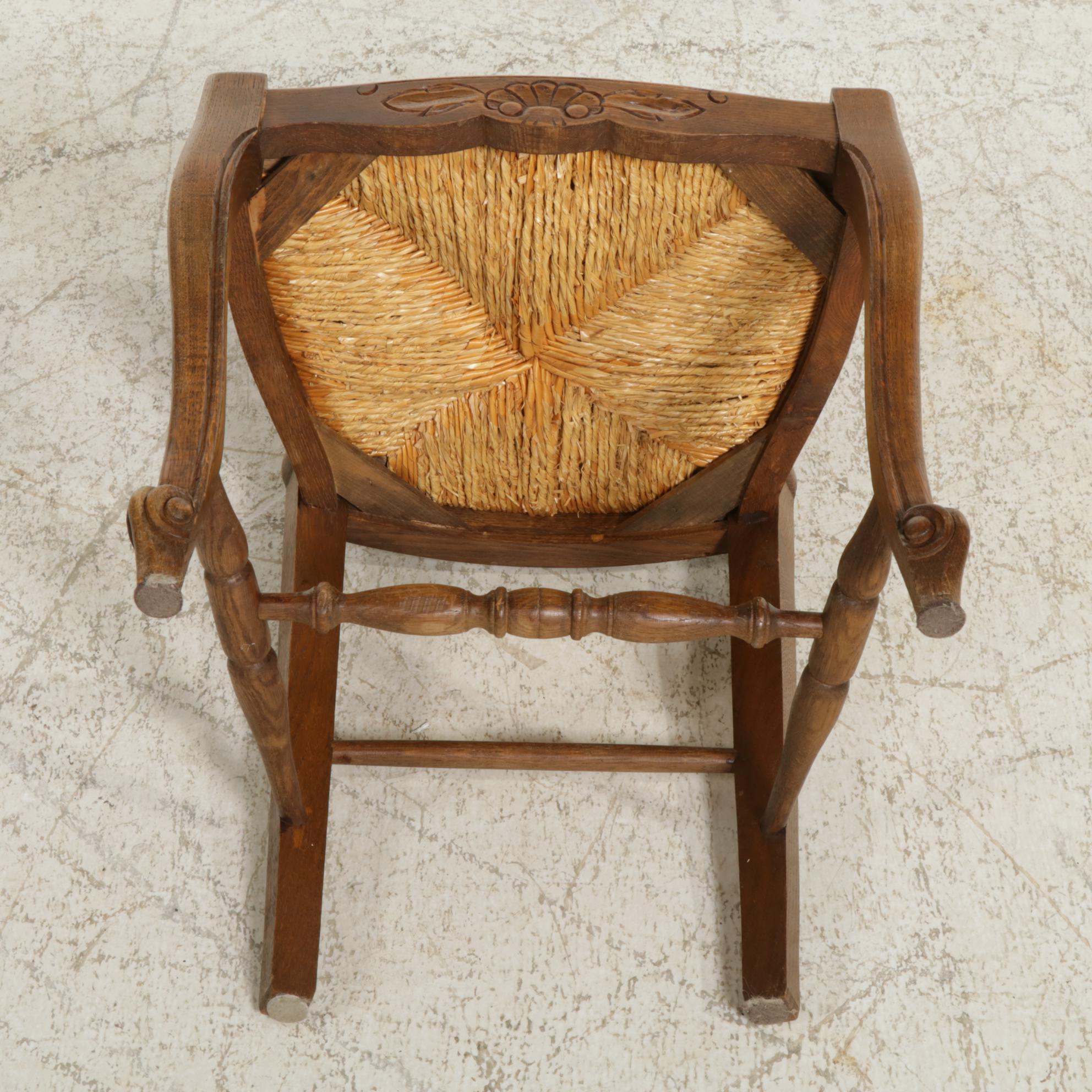 French Provincial Style Carved Oak Rush Bottom Chairs, 20th Century | EBTH
