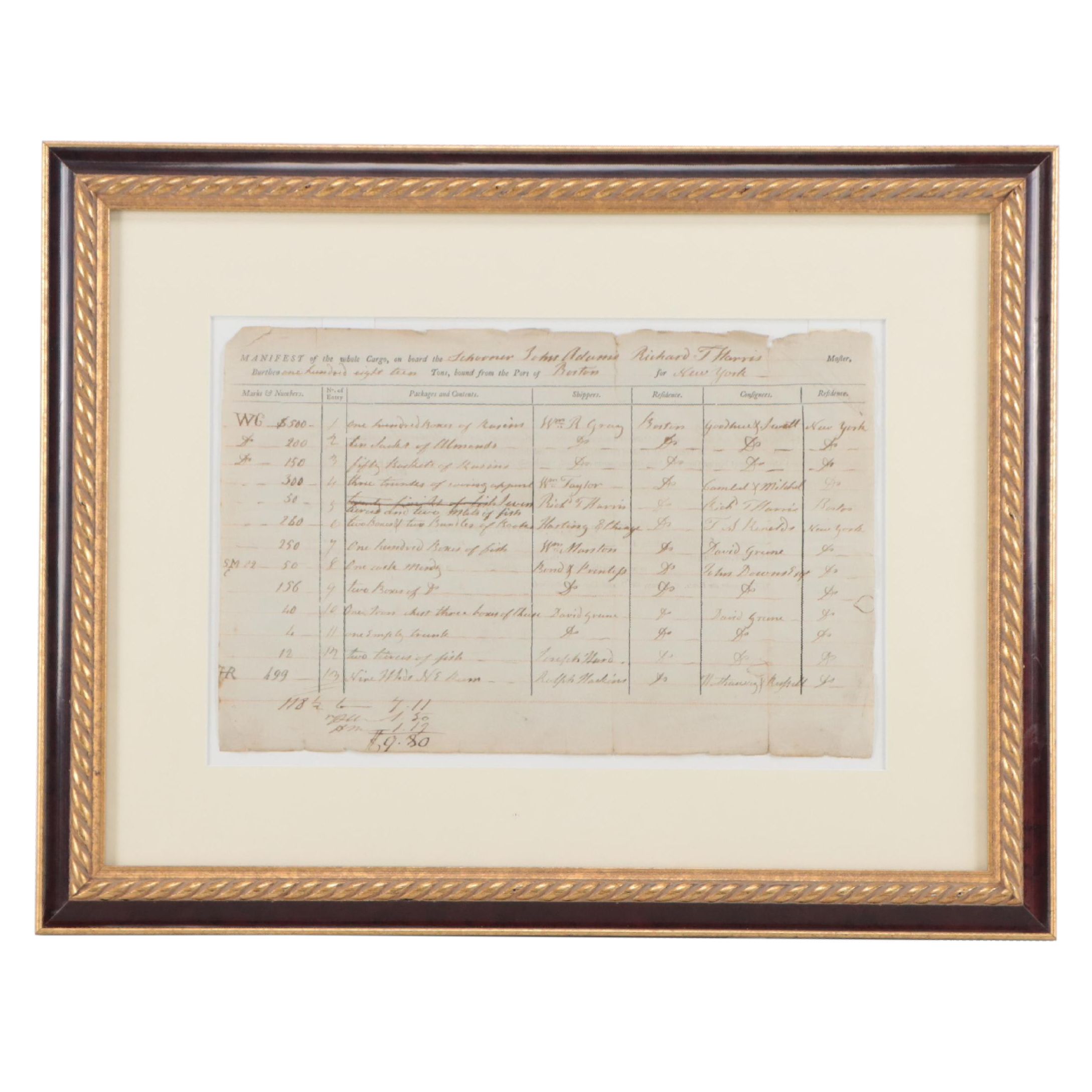 Nautical Cargo Inventory for the Schooner "John Adams," 1809 | EBTH