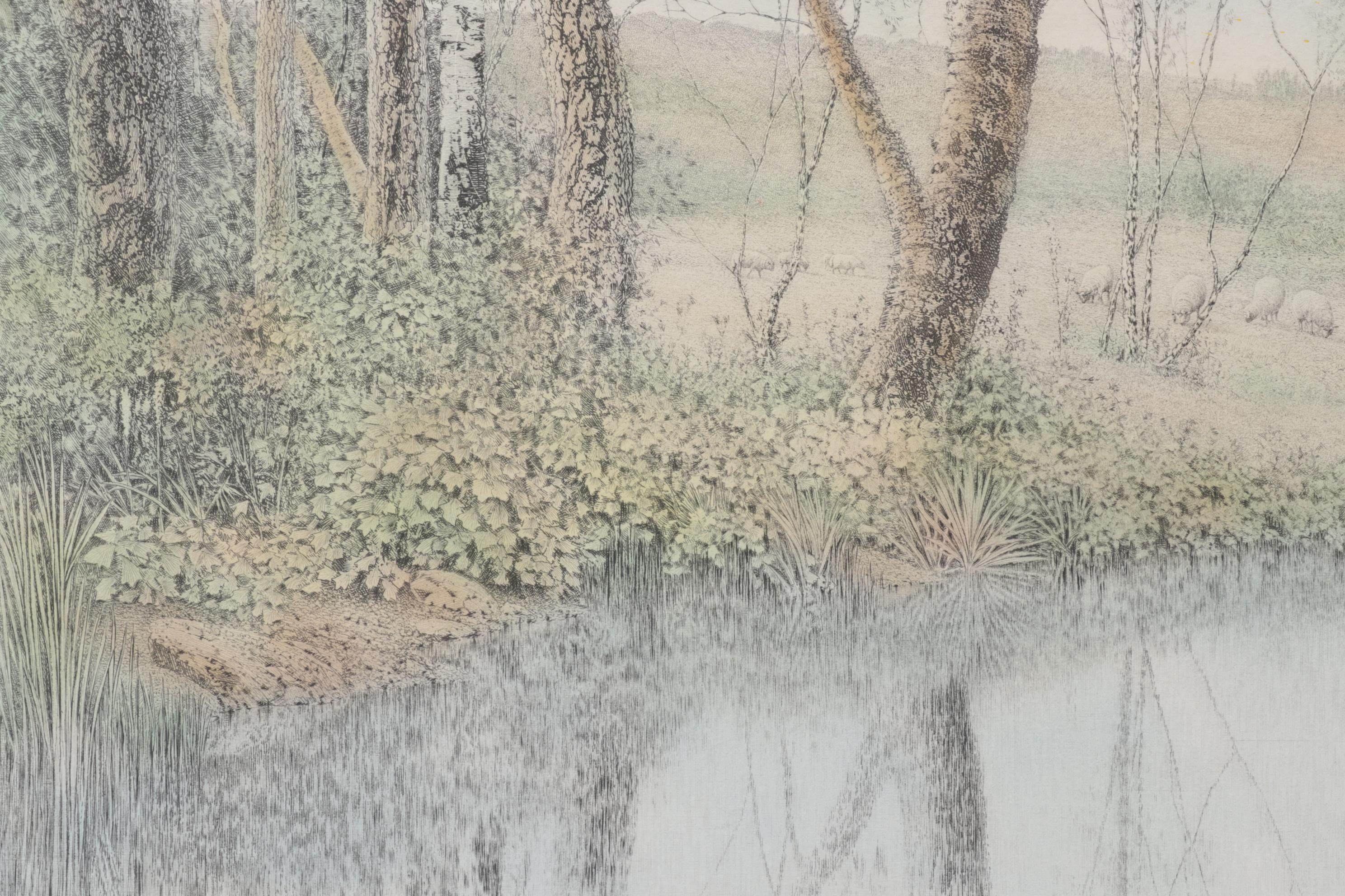 Benjamin Lander Hand Colored Creekside Landscape Restrike Aquatint ...