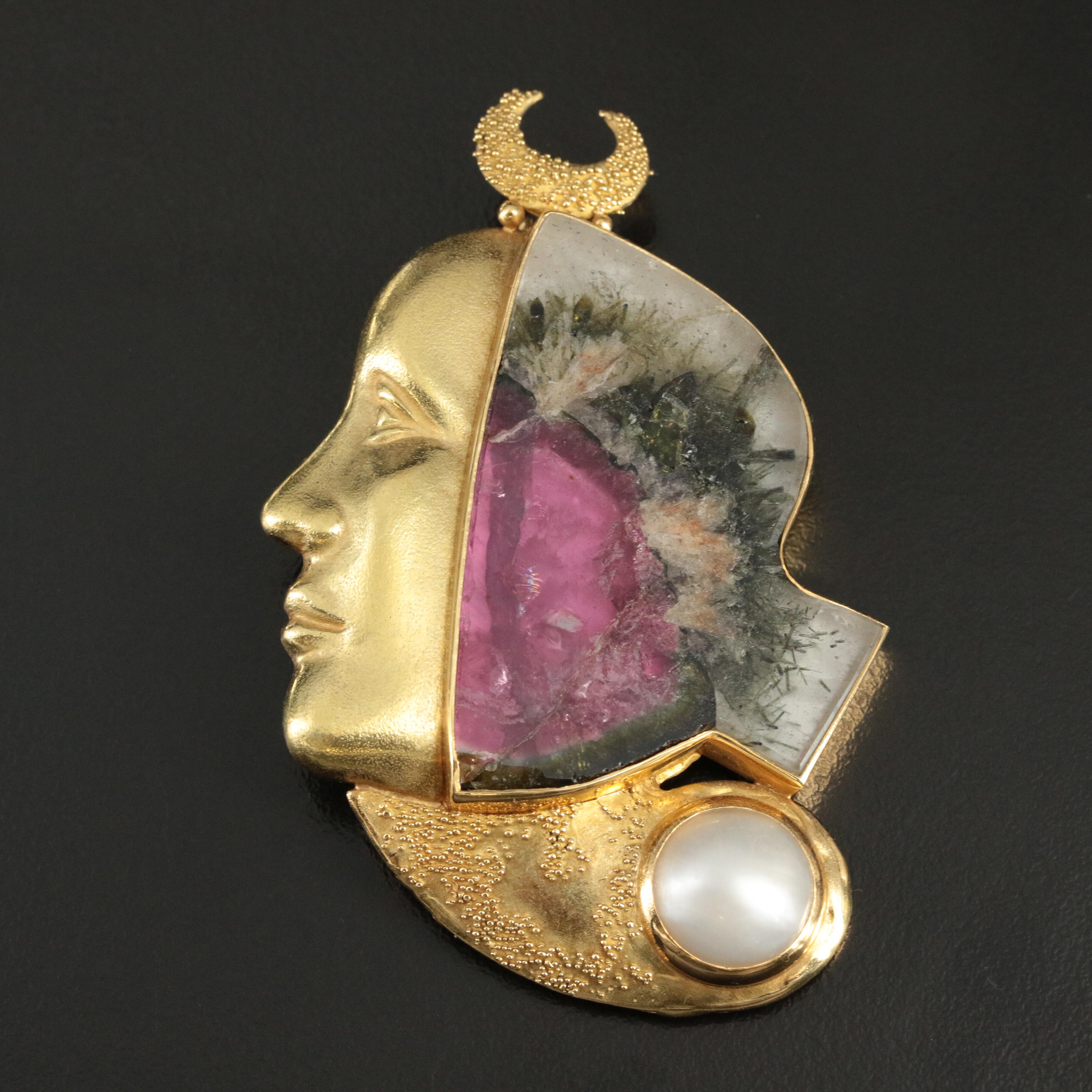 Circa 1996 Elizabeth Gage 18K Watermelon Tourmaline and Pearl Profile Brooch | EBTH