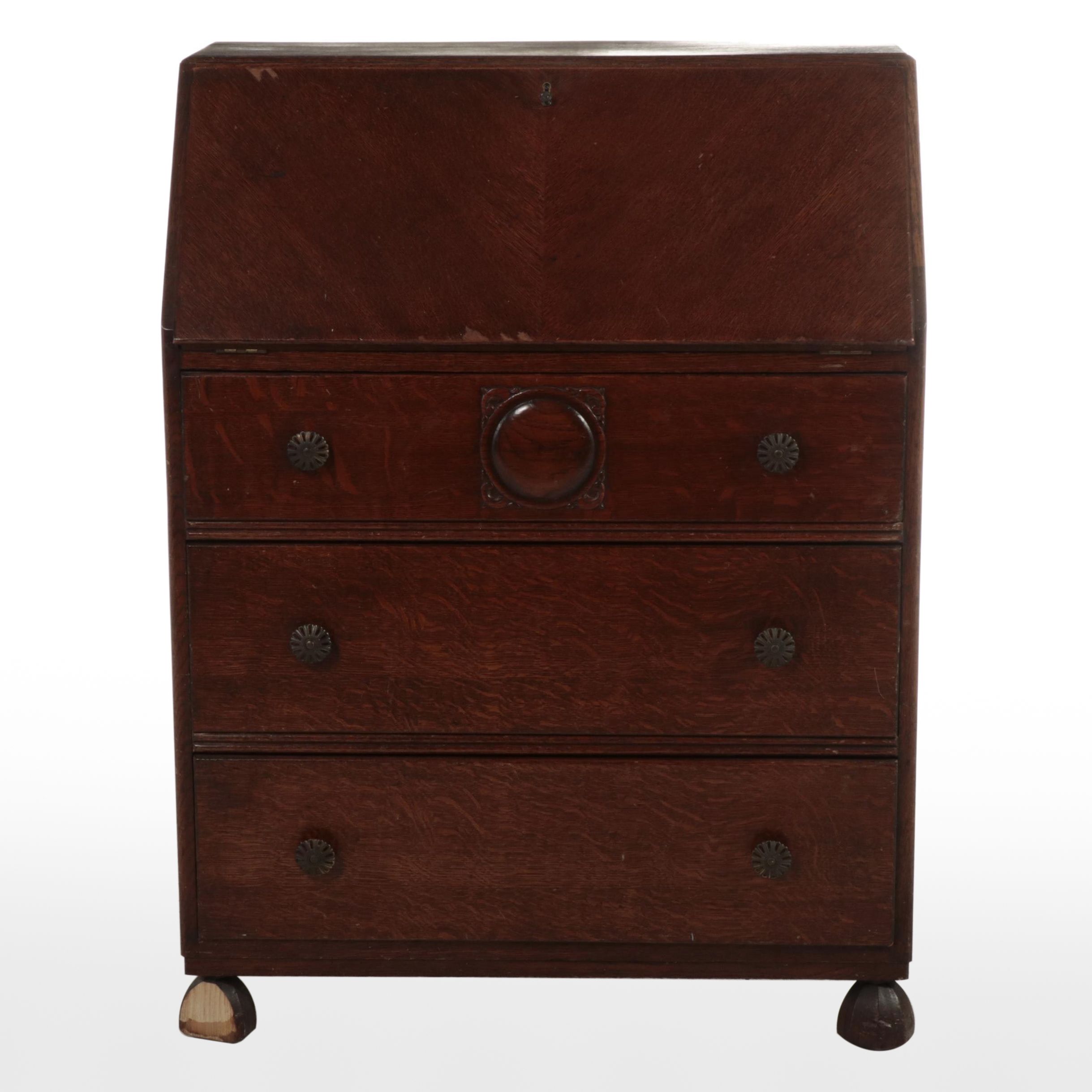 Harris Lebus English Arts & Crafts Oak Bureau, Late 19th or Early 20th ...