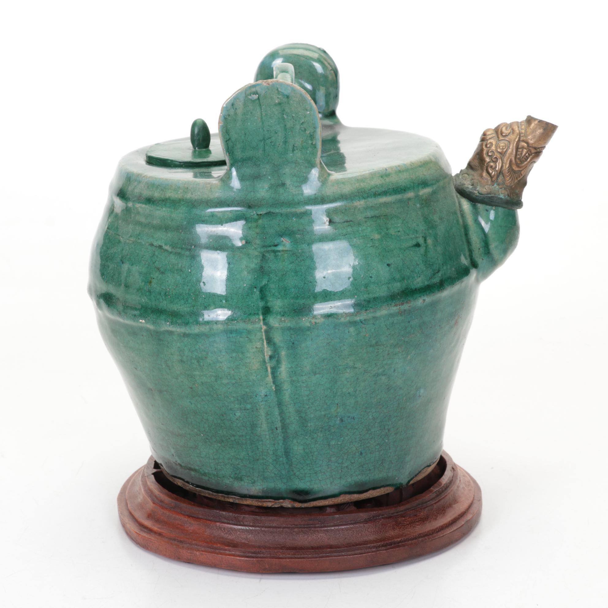 Chinese Green Glazed Shiwan Pot with Wood Dragon Trivet | EBTH
