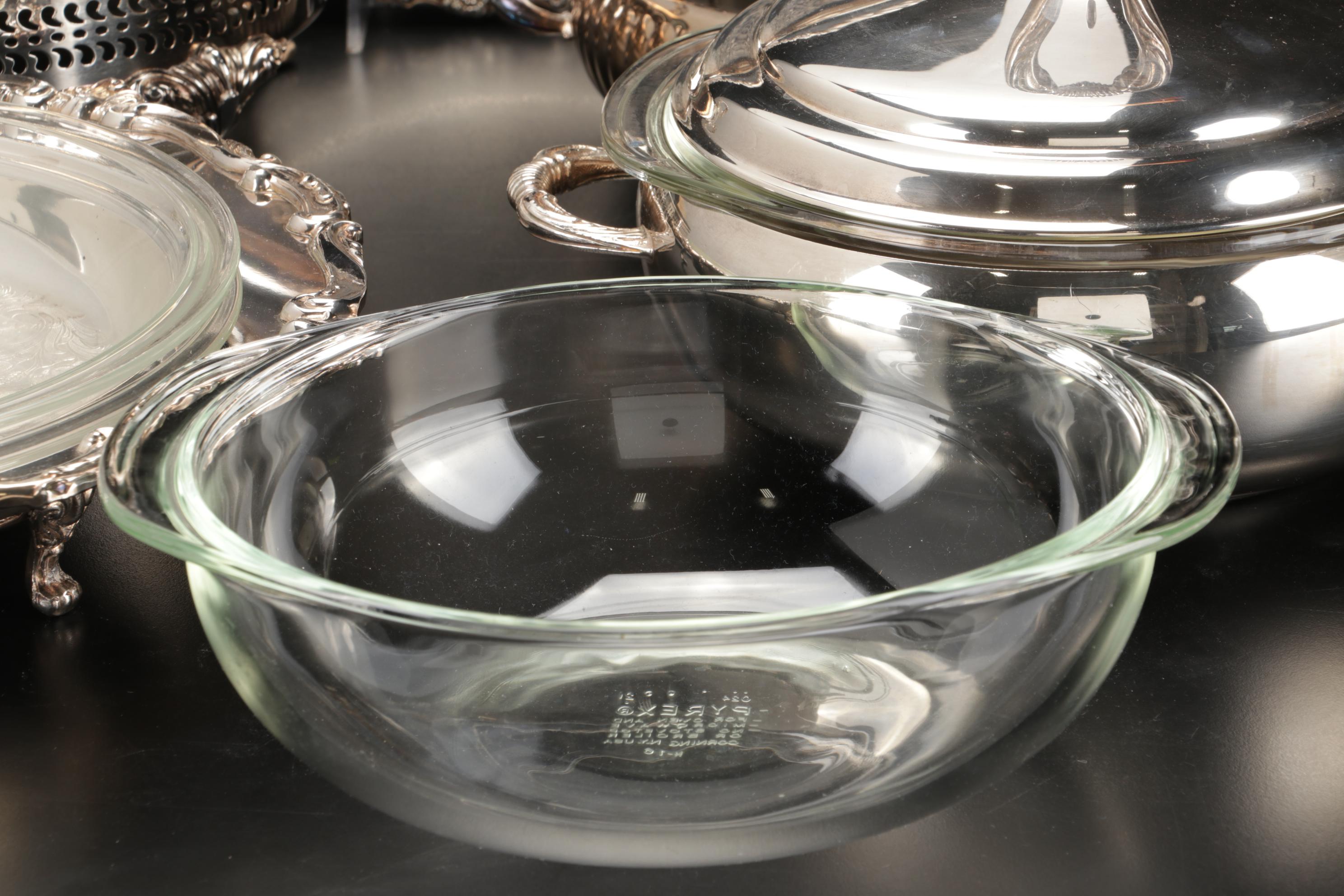 Silver Plate Trays & Dishes with Pyrex Glass Inserts Featuring W.M ...