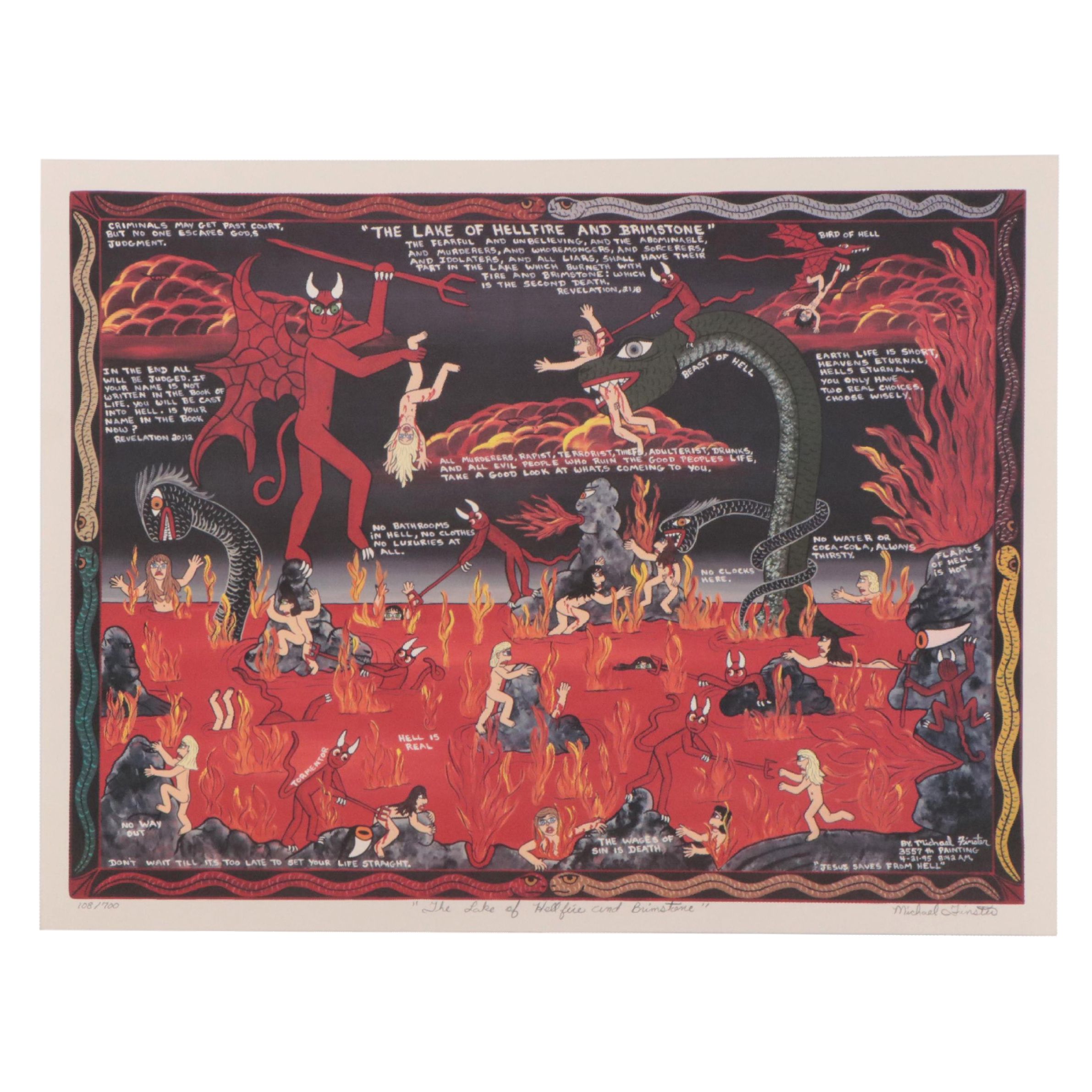 Michael Finster Offset Lithograph "The Lake of Hellfire and Brimstone ...