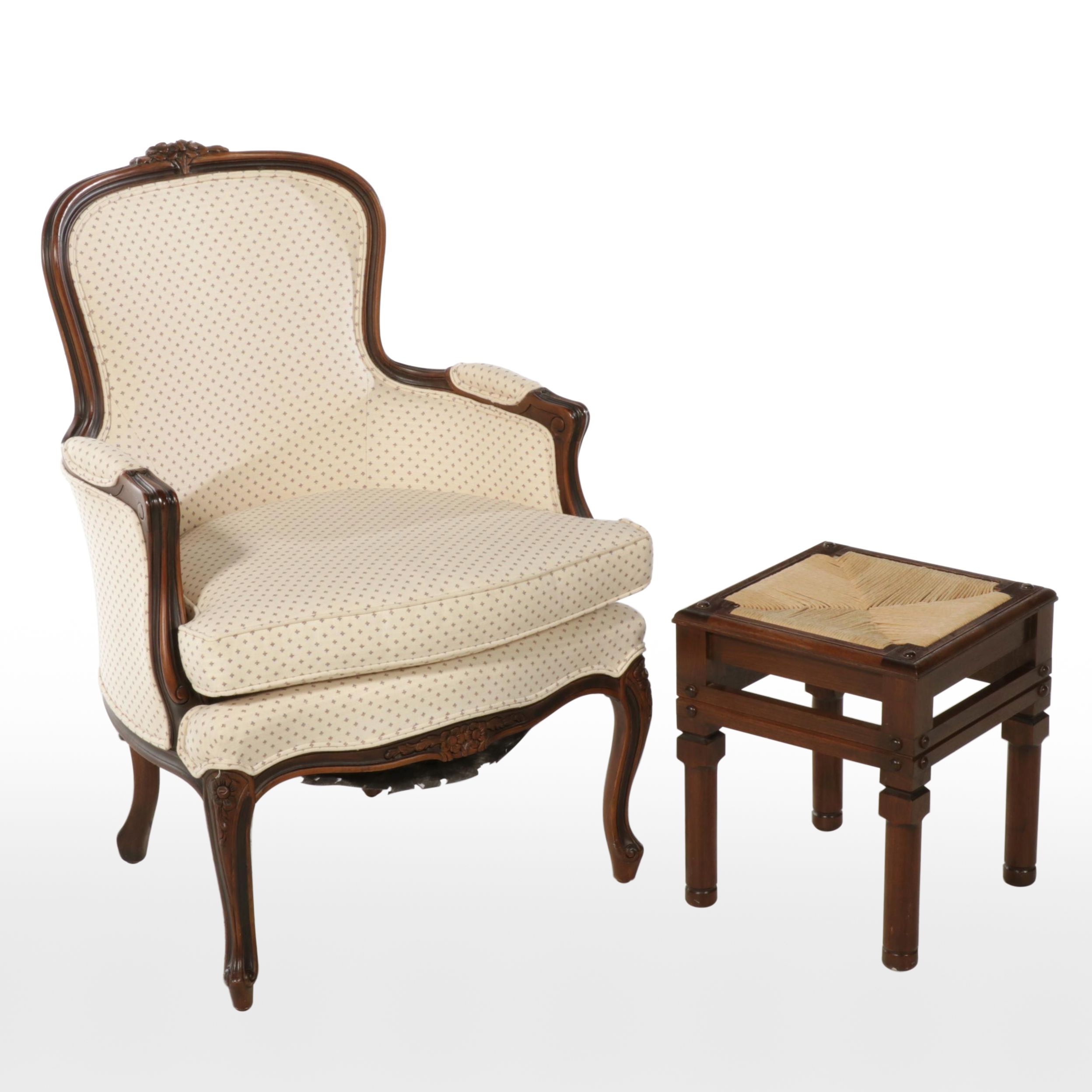 Louis XV Style Custom-Upholstered Bergère Plus Walnut Stool, Incl ...