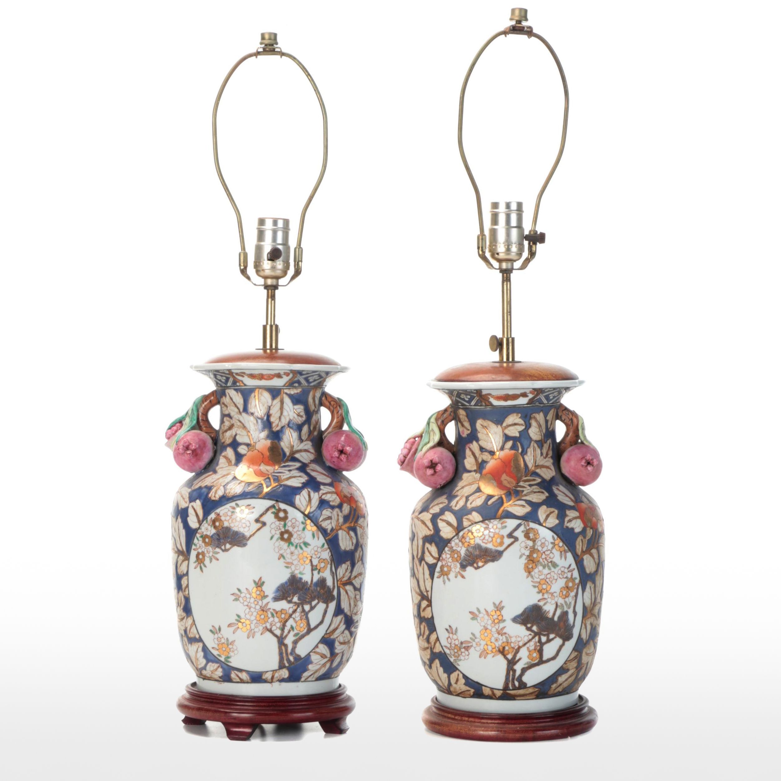 Chinese Hand-Painted Porcelain Pomegranate Handle Table Lamps Pair | EBTH