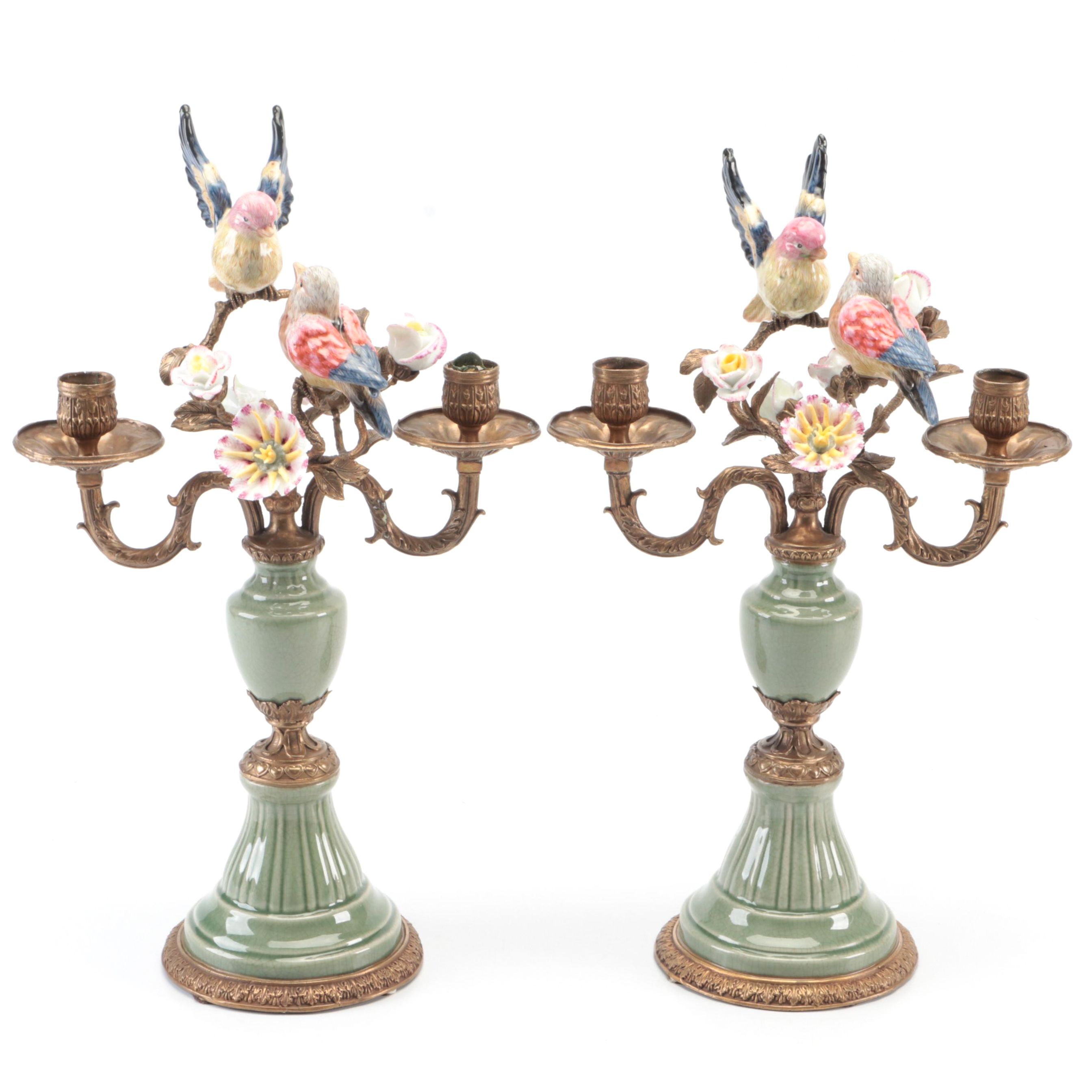 Pair of Mark Roberts Bird and Flower Motif Porcelain and Bronze ...