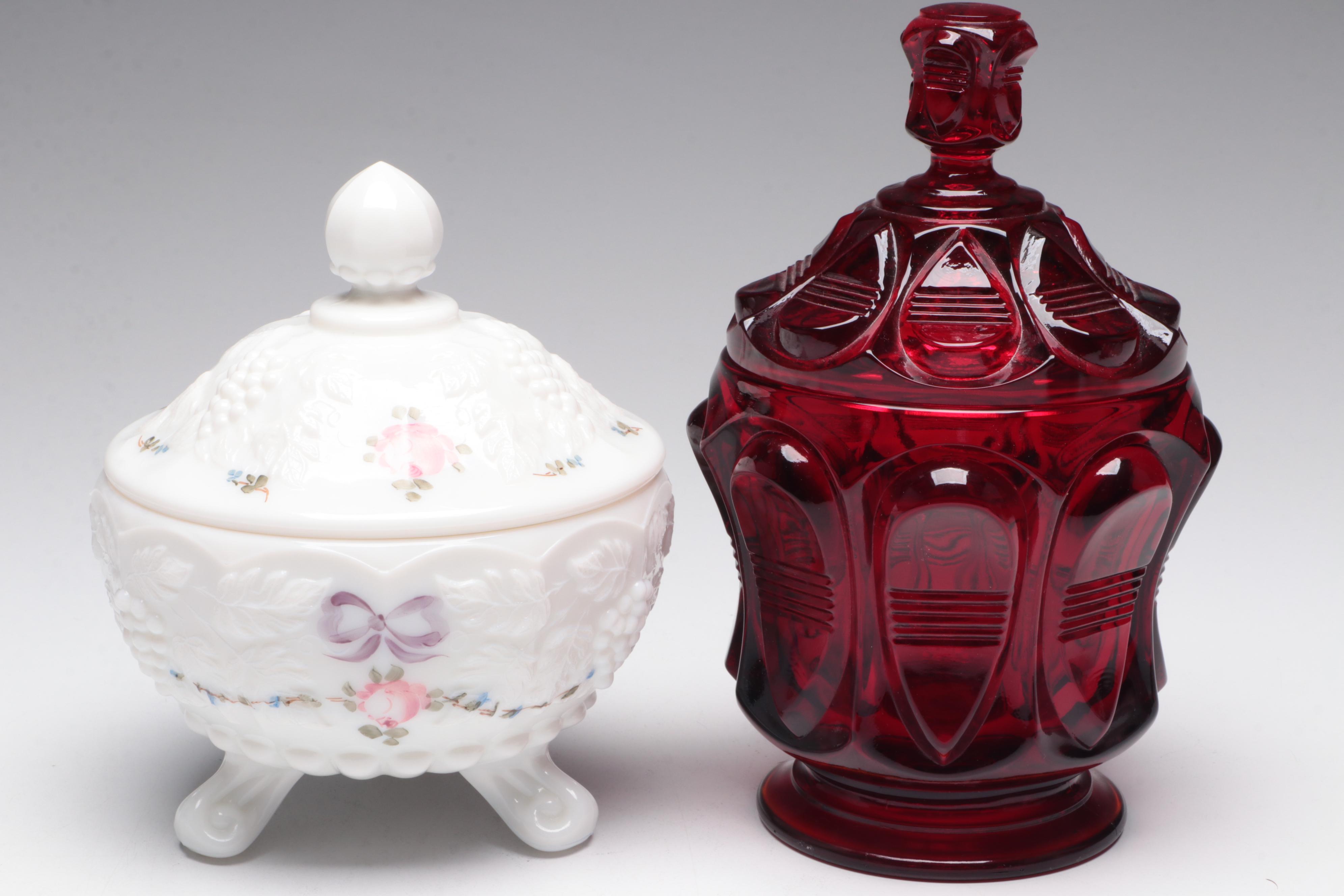 Fenton Cranberry Beaded Pitcher, Vase, Candy Dish, Pink Compote ...