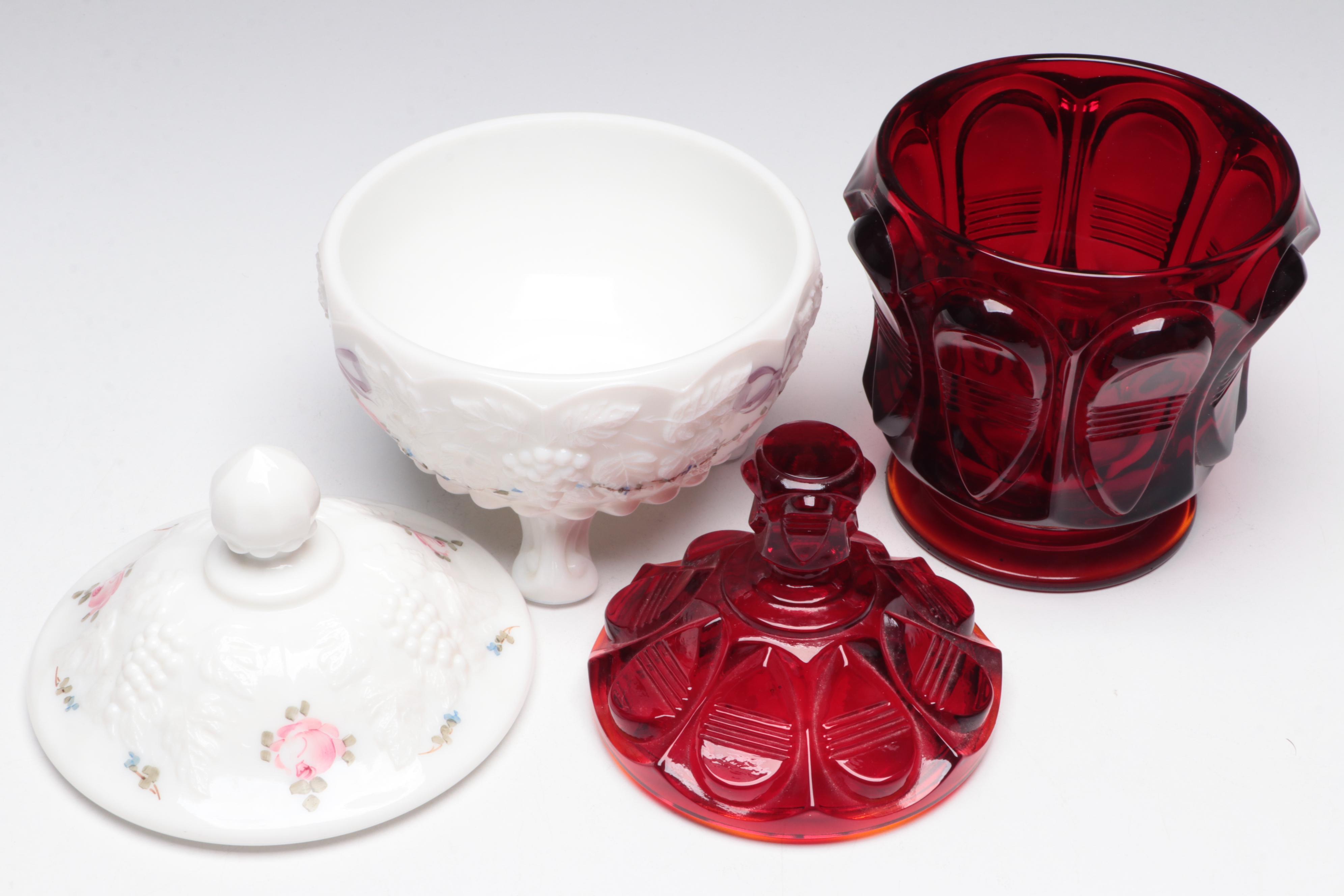 Fenton Cranberry Beaded Pitcher, Vase, Candy Dish, Pink Compote ...