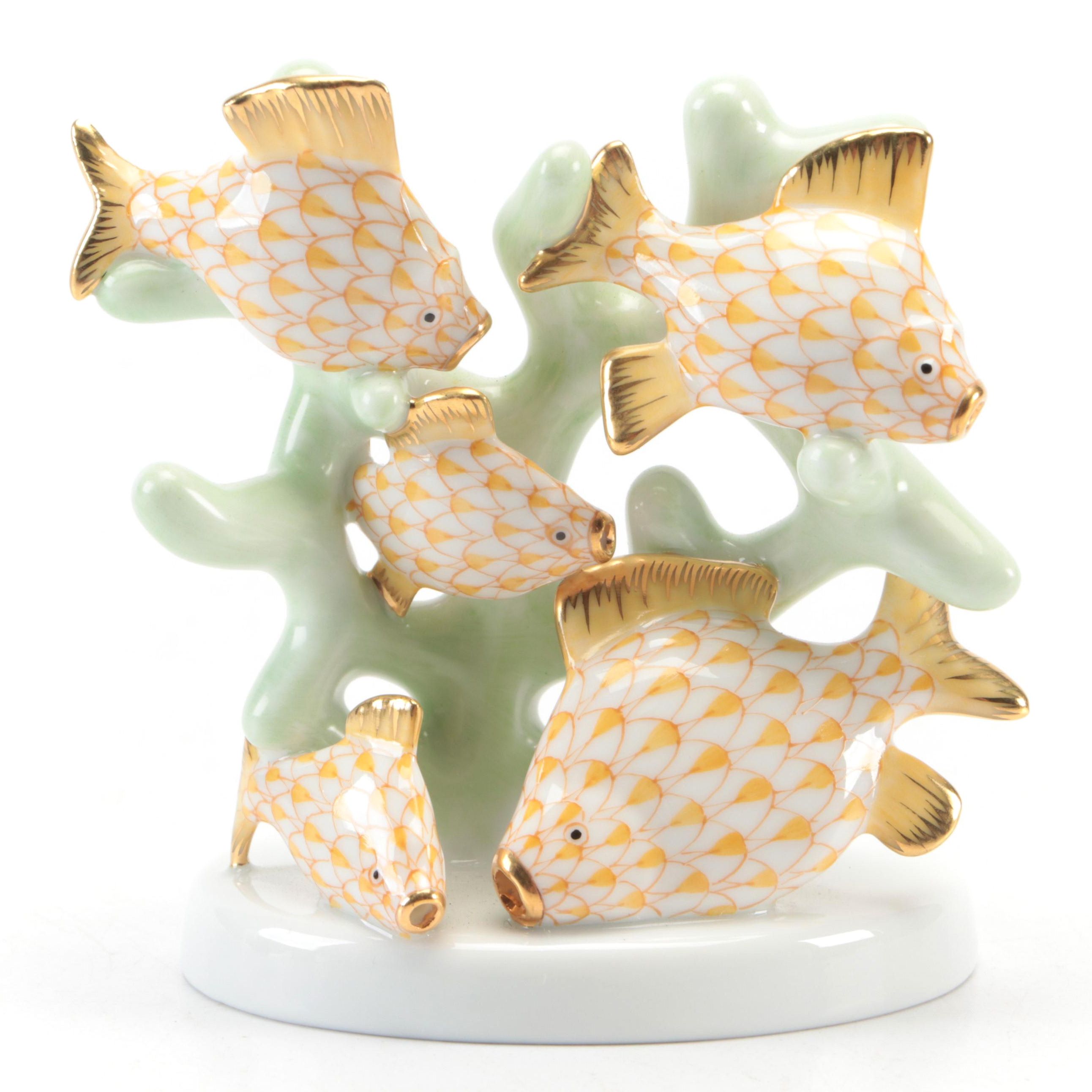 Herend Butterscotch Fishnet with Gold "Fishes on Coral" Porcelain ...