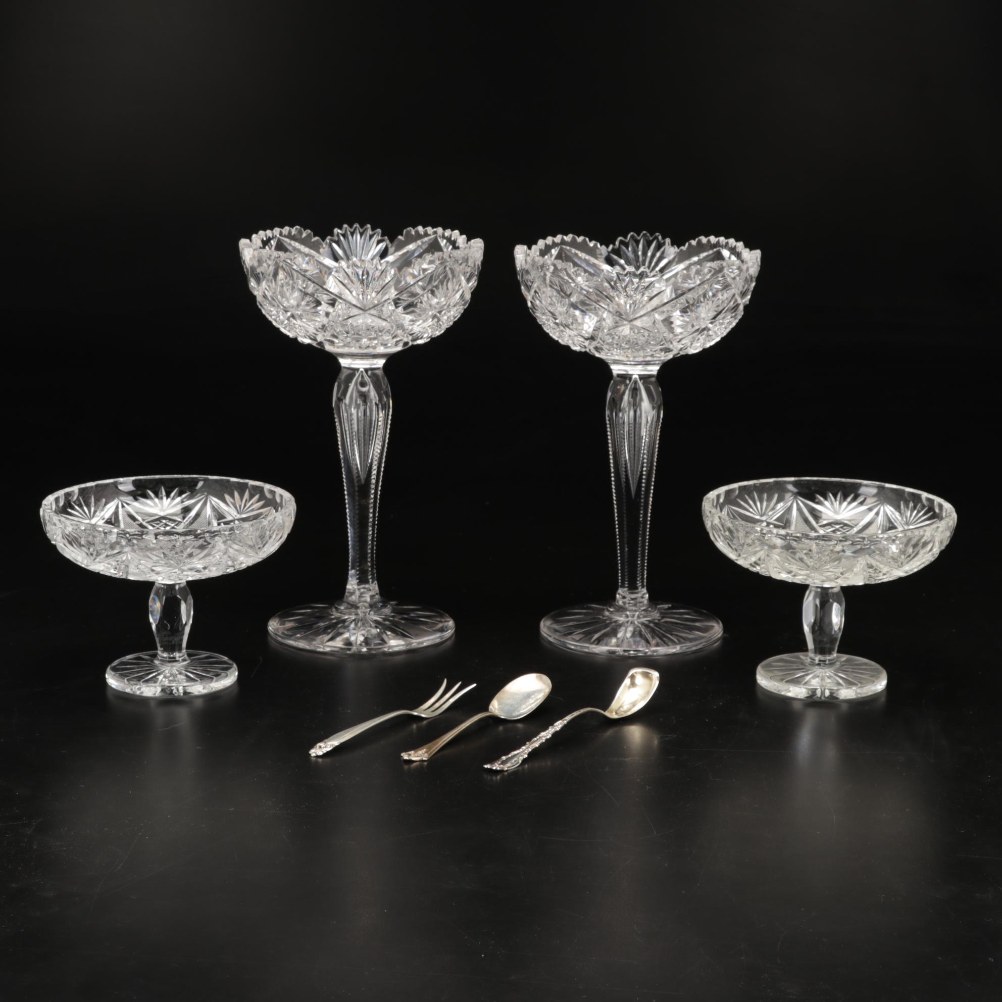 American Brilliant Period Sawtooth Cut Glass Compotes with Sterling ...