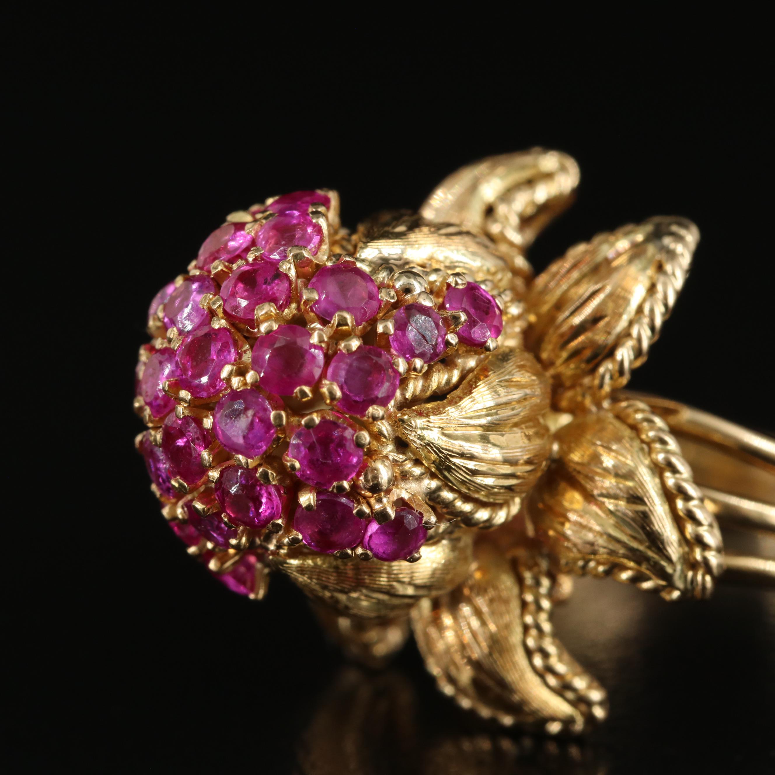 Vintage 18K Pavé Ruby Flower Ring | EBTH