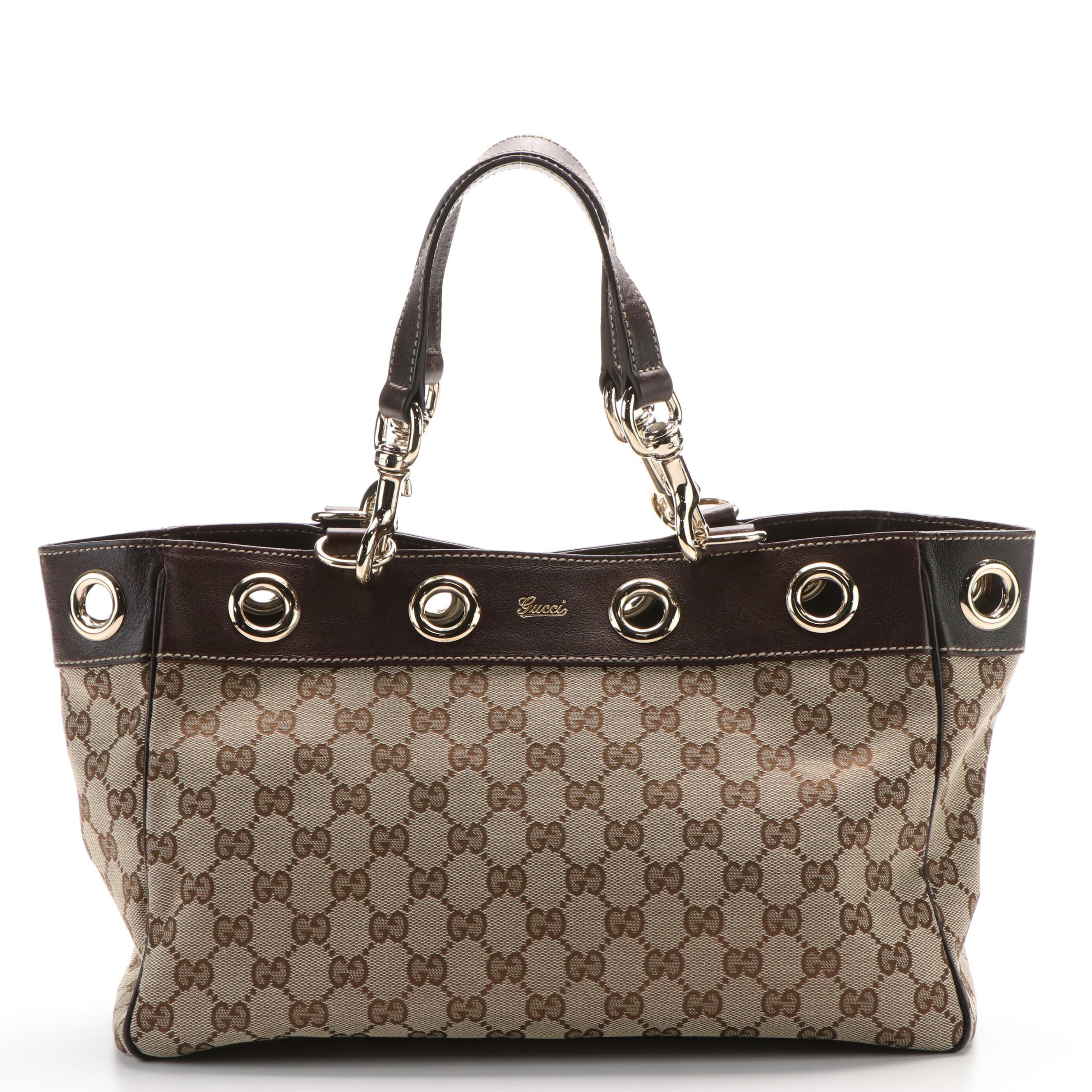 Gucci Positano Tote Bag in GG Canvas with Brown Leather Trim ...