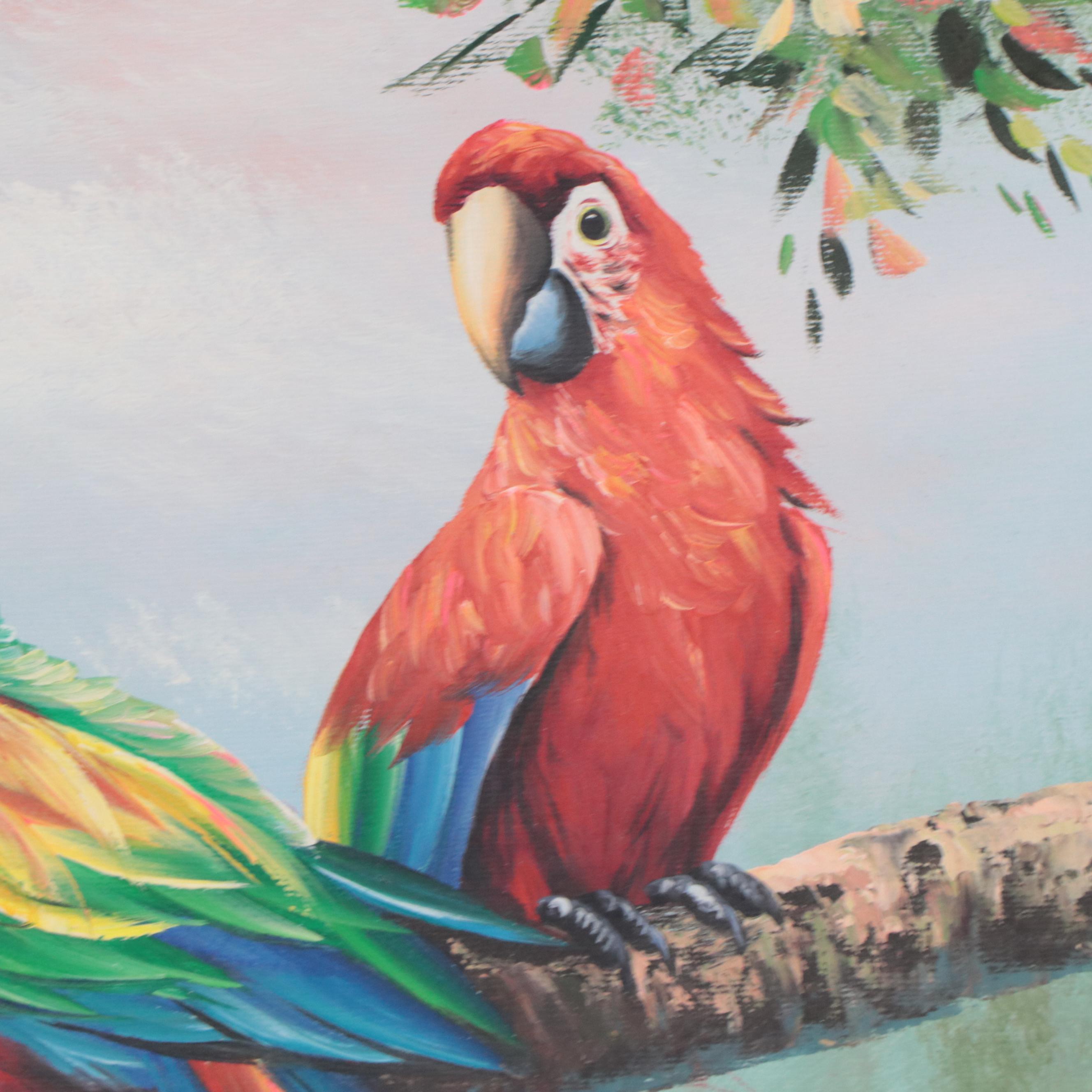 Acrylic Painting of Two Parrots on Branch | EBTH