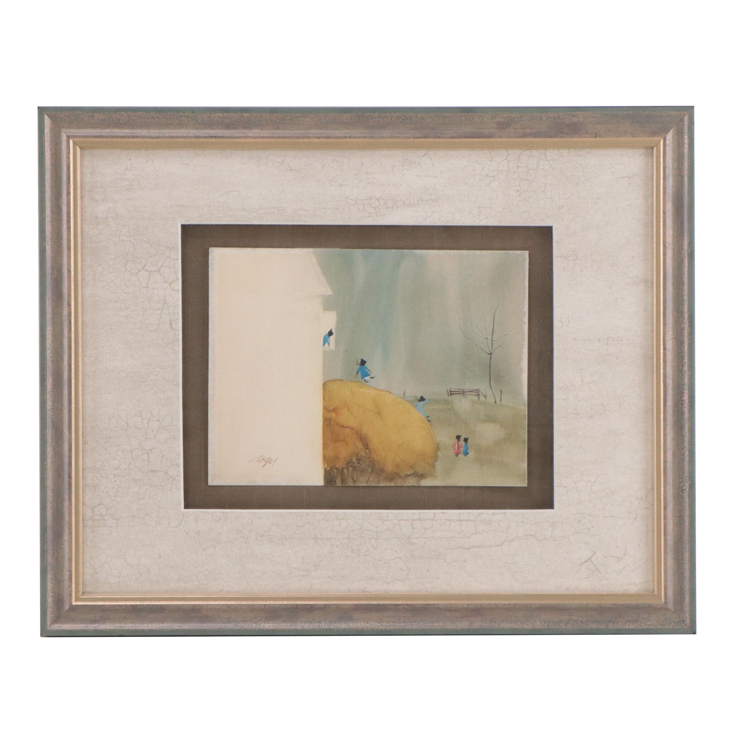 Roger Haas Folk Art Amish Scene Watercolor Painting | EBTH