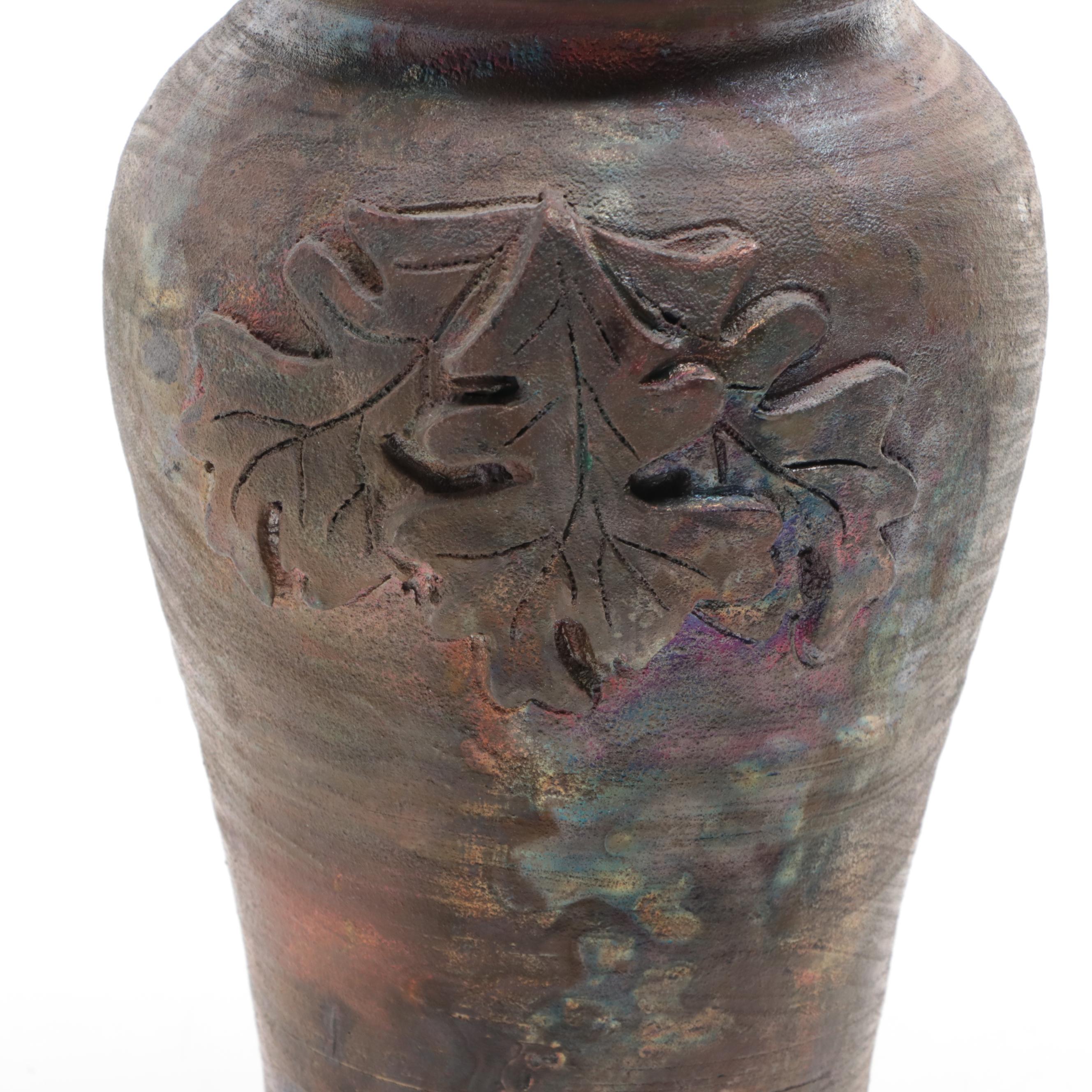 Clayton Art Pottery Raku-Fired Vase with Applied Oak Leaf | EBTH