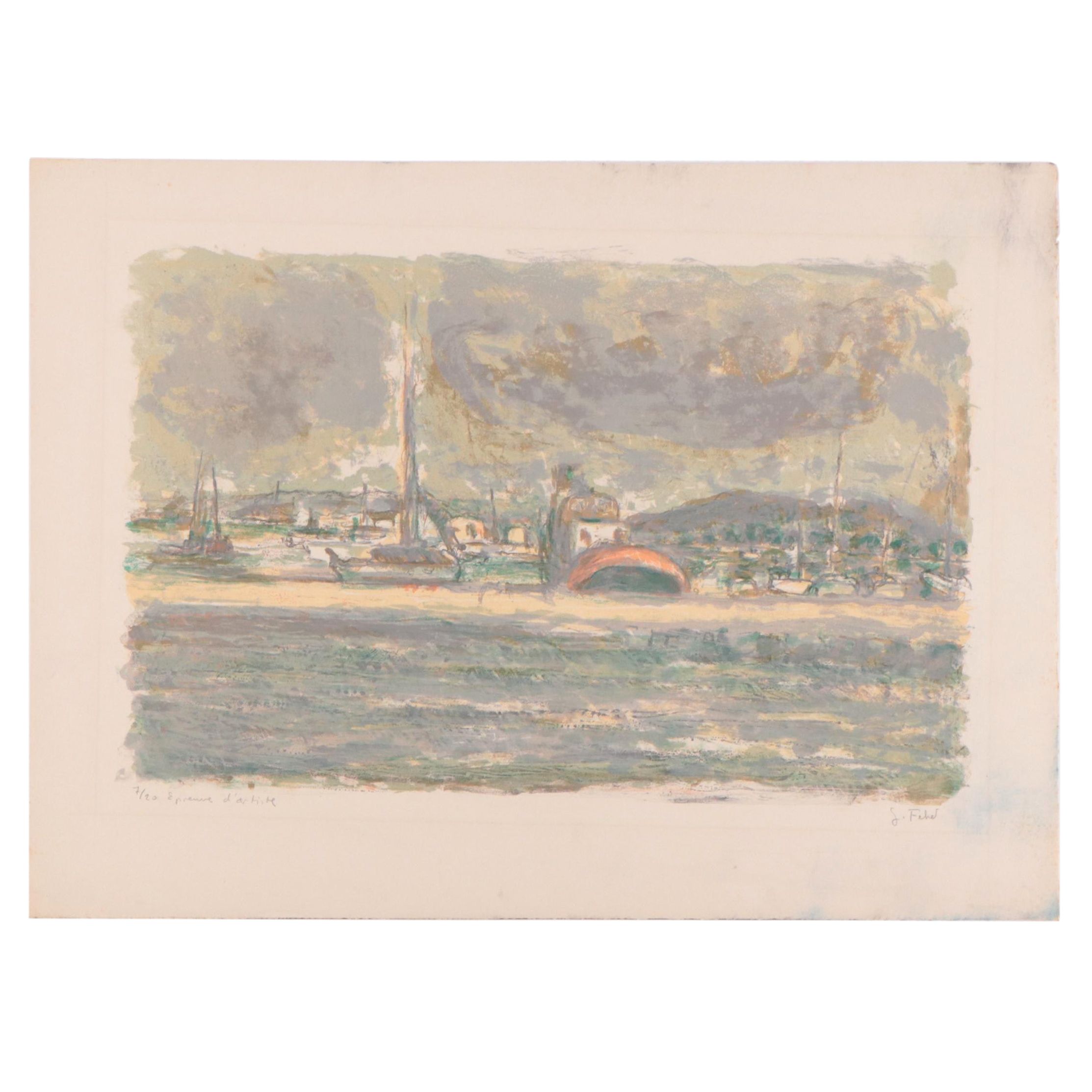 Georges Feher Lithograph of Harbor Scene | EBTH