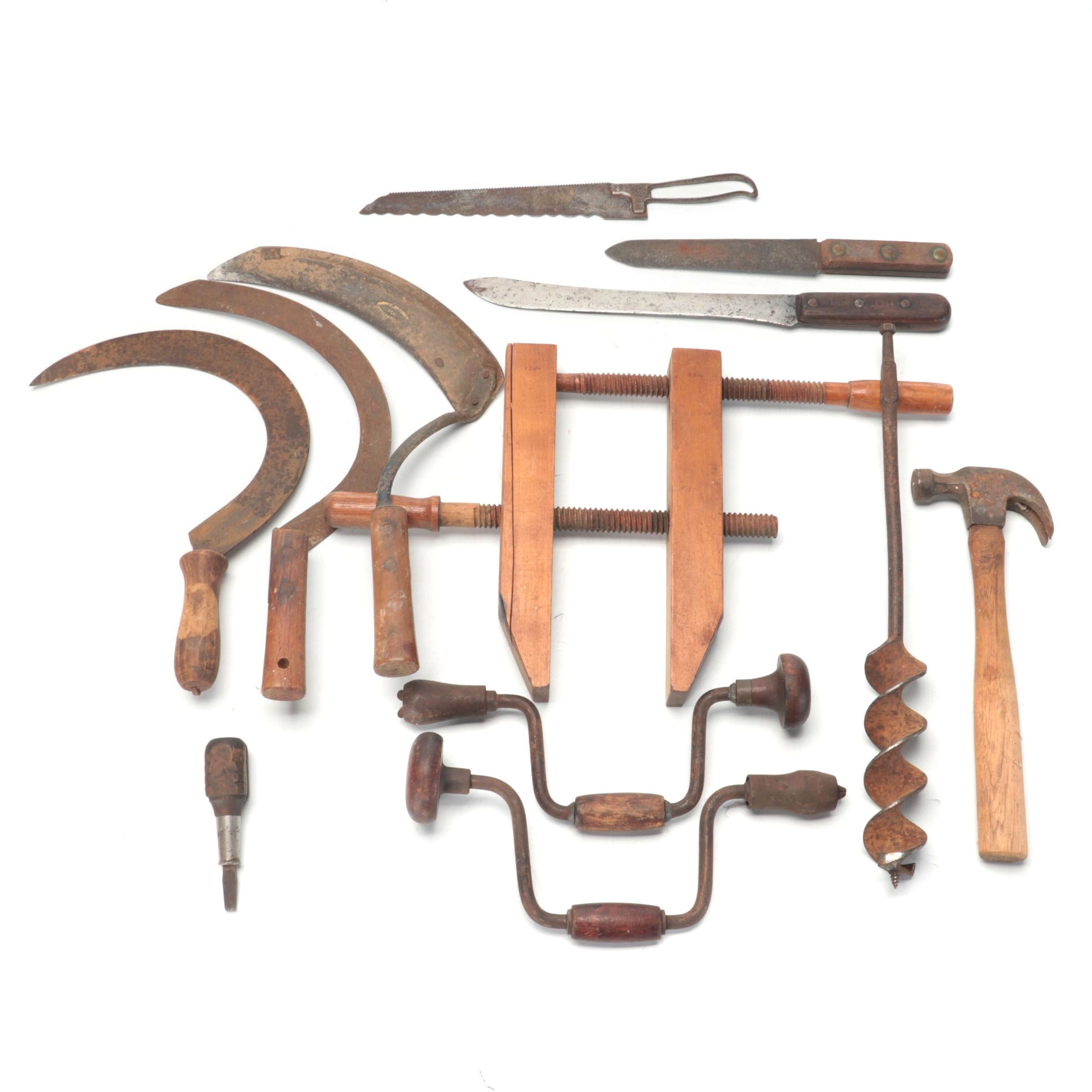 Primitive Style Auger, Sickles, Clamp, and Other Hand Tools | EBTH
