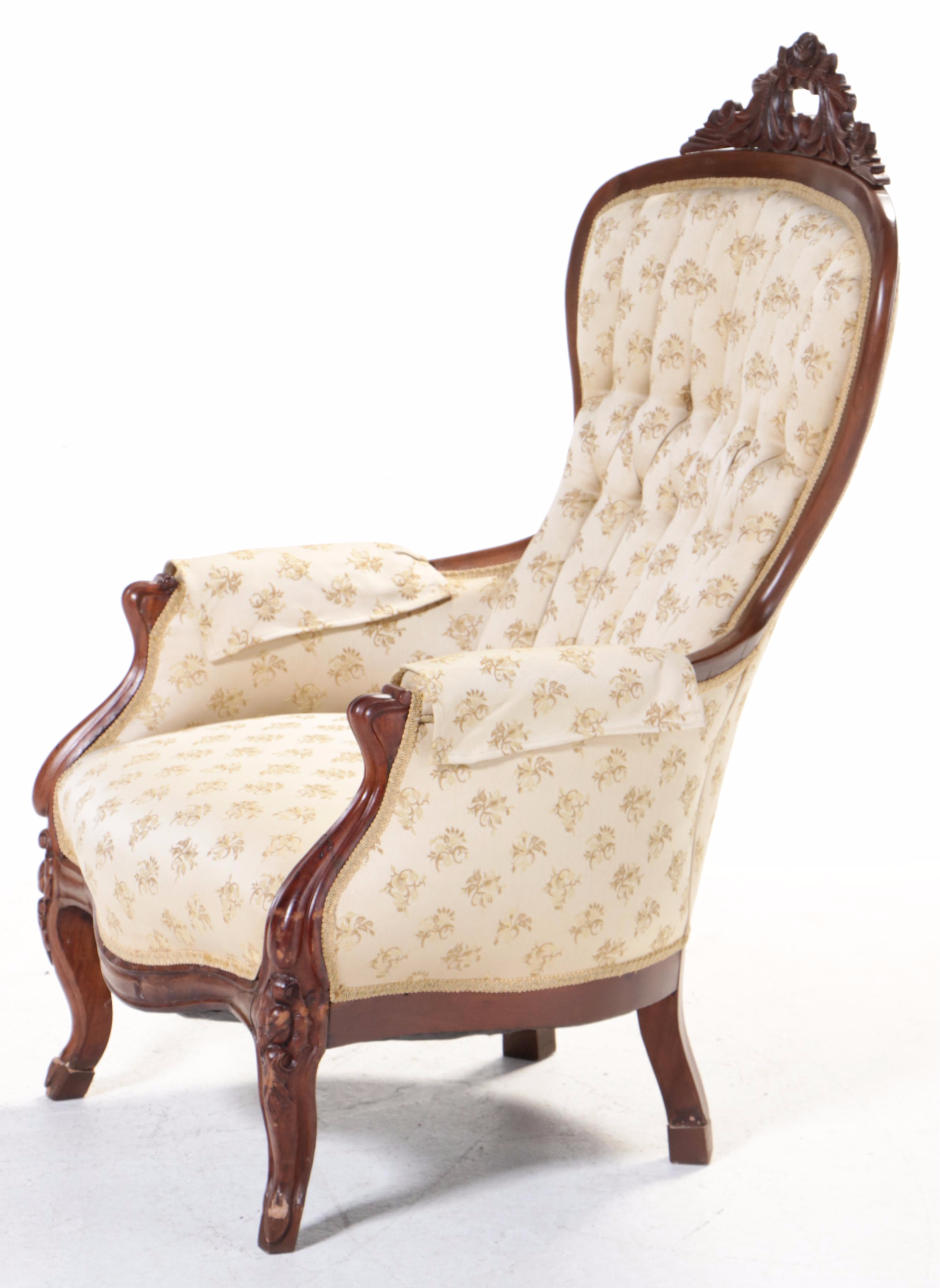 American Rococo Revival Carved Walnut and Buttoned-Down Armchair, circa ...