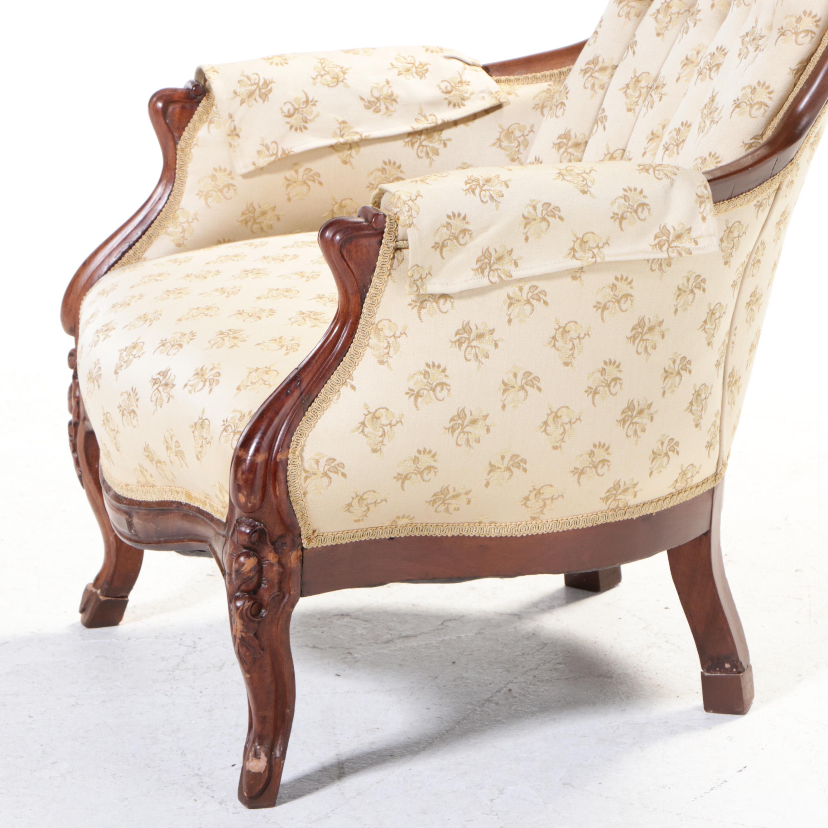 American Rococo Revival Carved Walnut and Buttoned-Down Armchair, circa ...