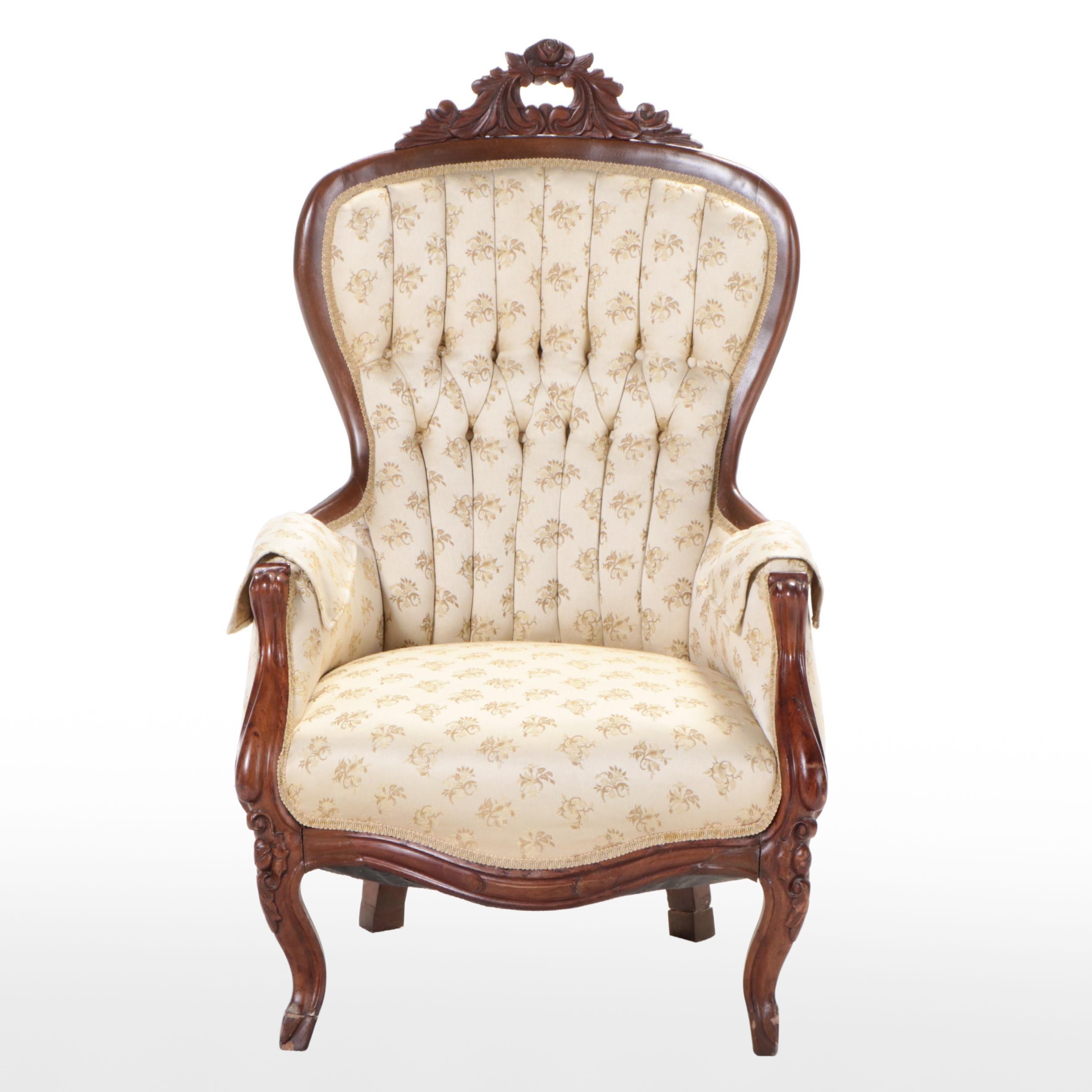 American Rococo Revival Carved Walnut and Buttoned-Down Armchair, circa ...