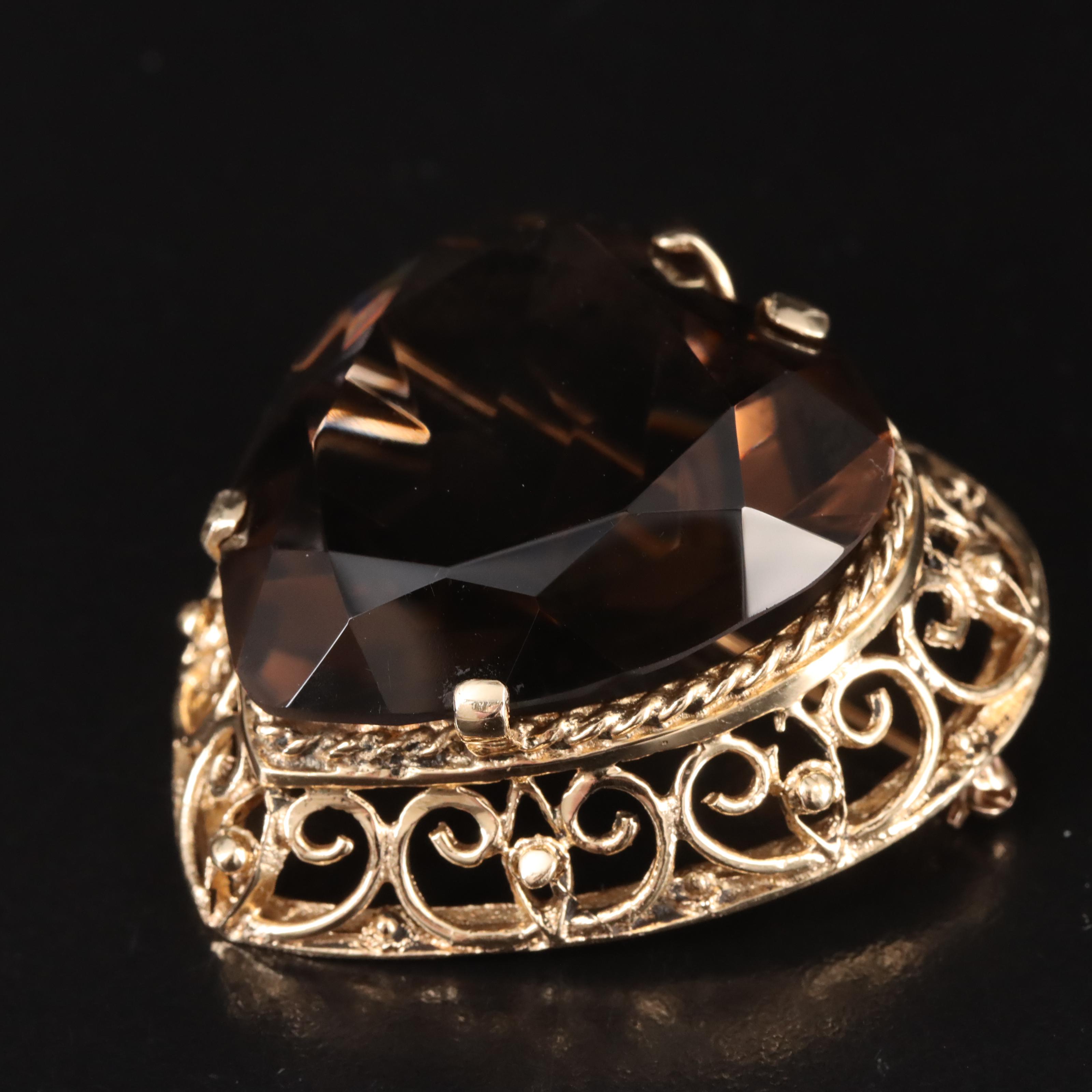 14K 116.98 CT Smoky Quartz Heart Brooch with Scroll Frame and Hidden ...
