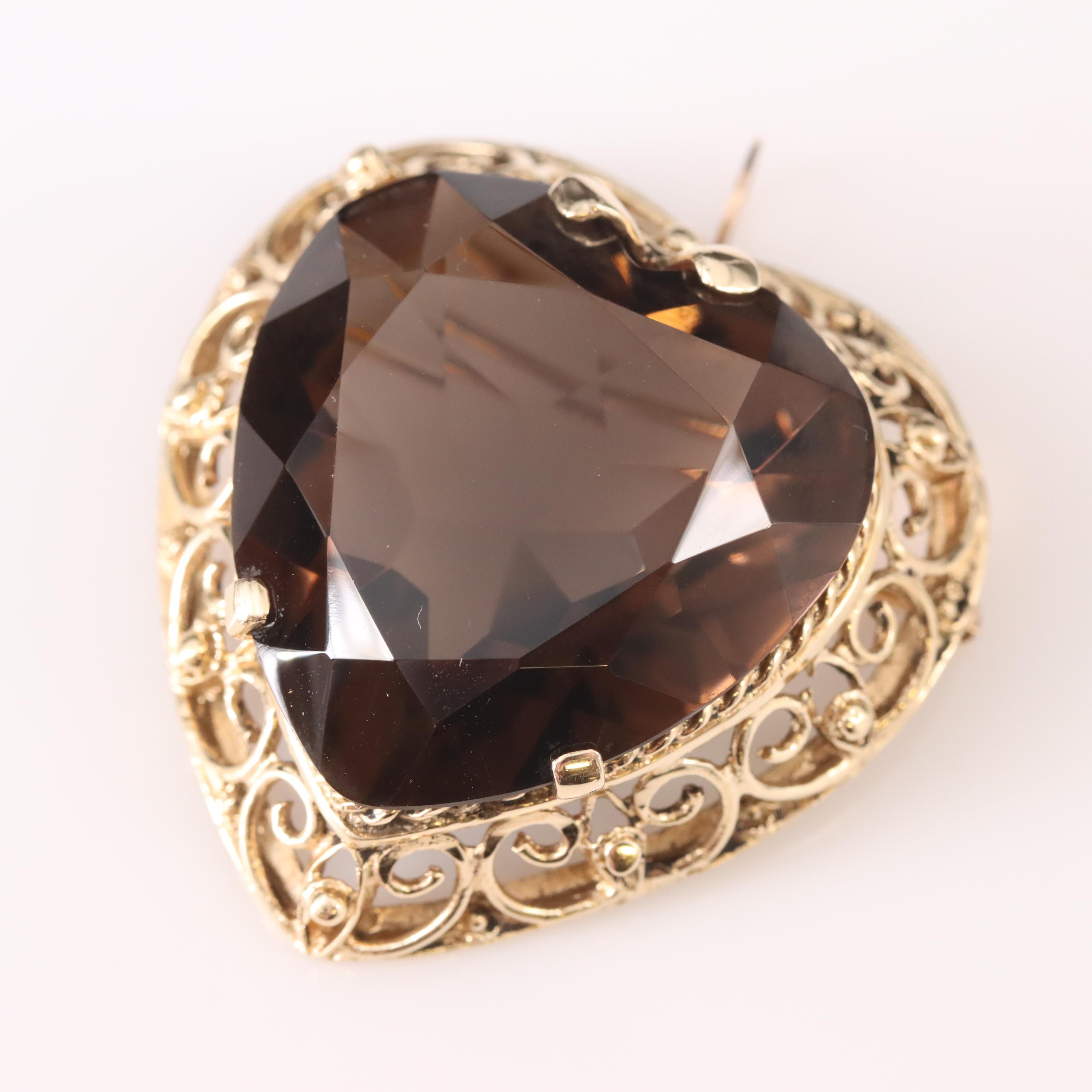 14K 116.98 CT Smoky Quartz Heart Brooch with Scroll Frame and Hidden ...