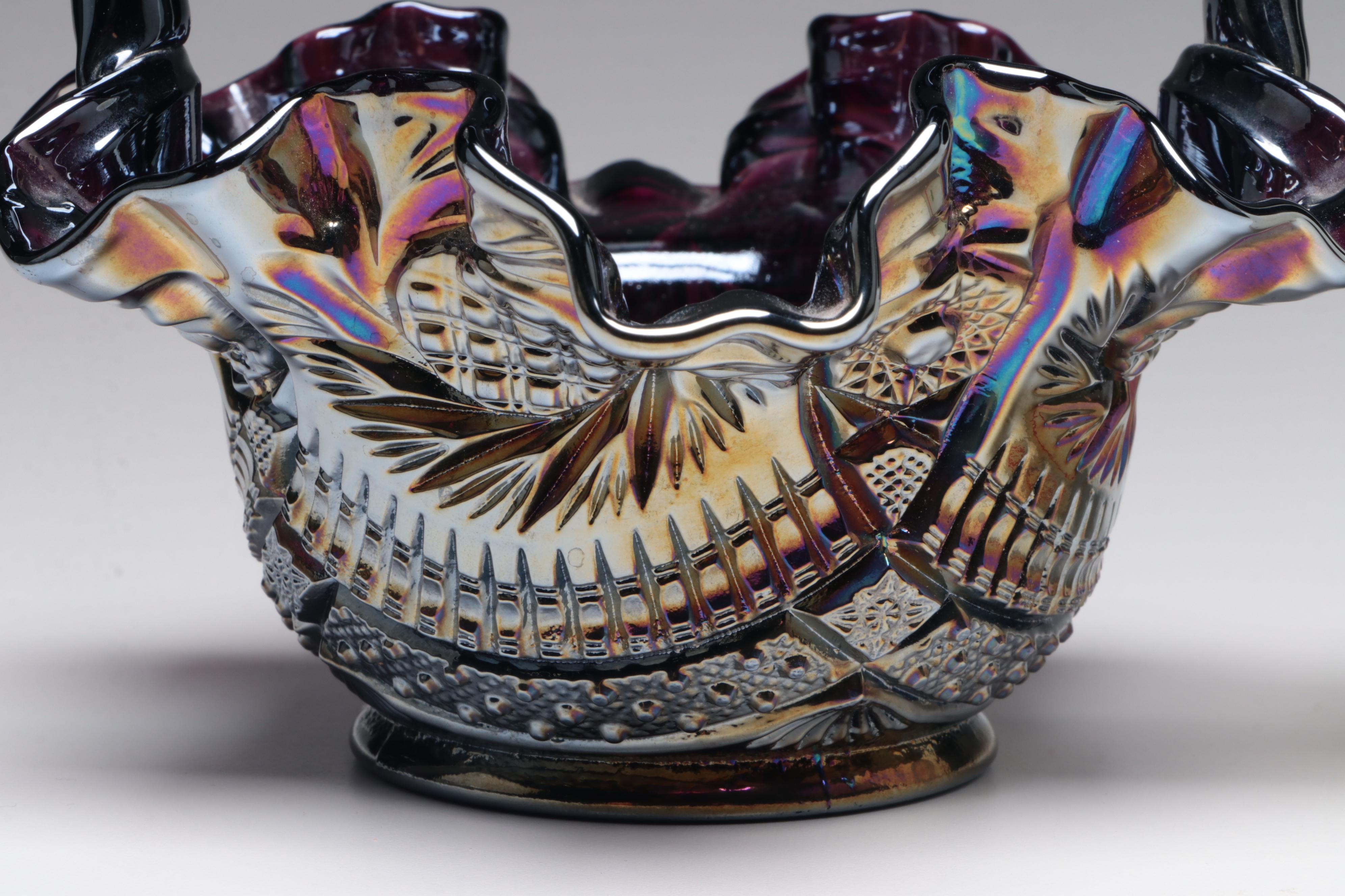 Fenton Amethyst Carnival Glass Basket and Hand-Painted Satin Glass ...