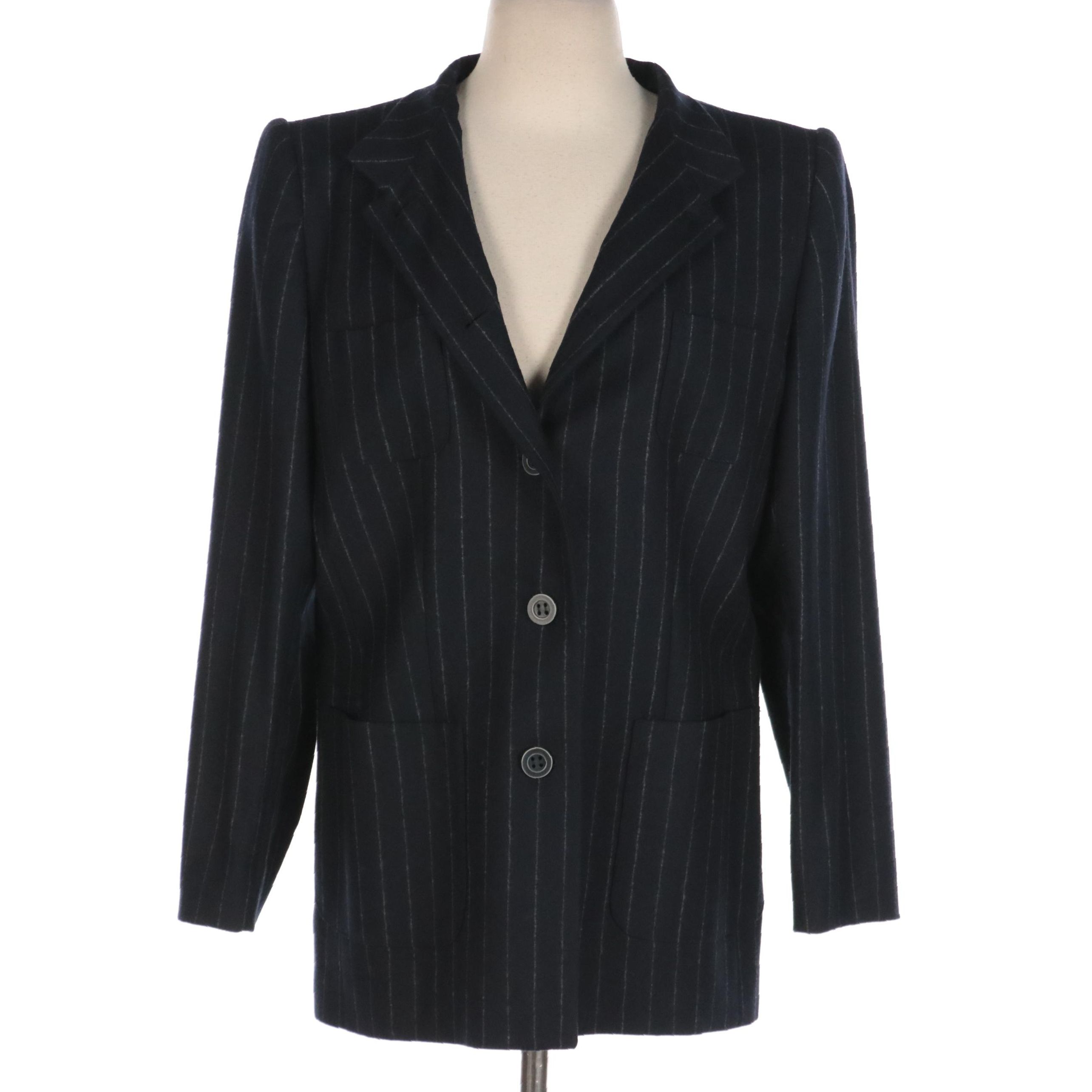 Valentino Miss V Blazer in Navy Pinstripe Wool/Cashmere with Mandarin ...