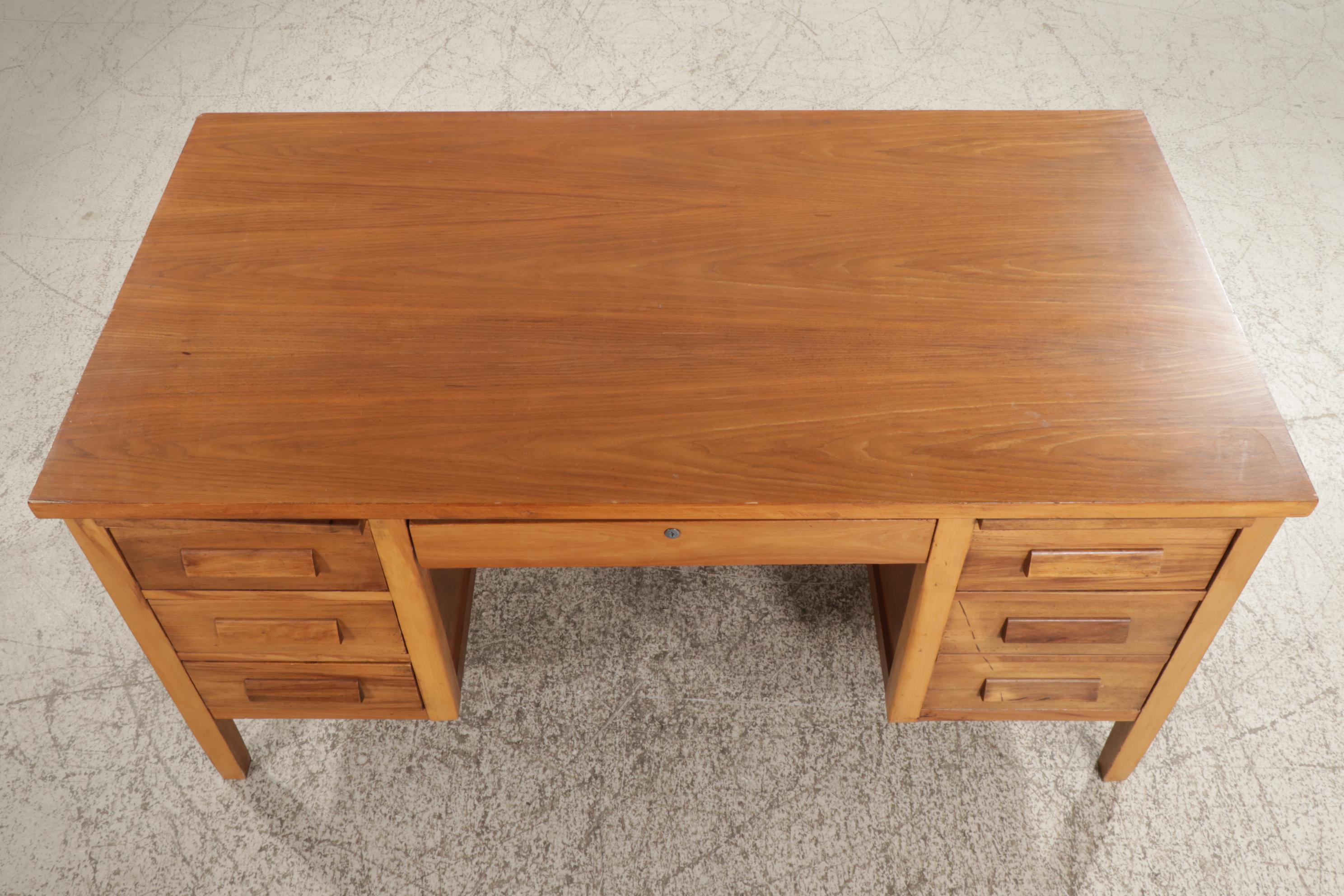 Wood and Walnut-Veneered Top Desk with Gunlocke Oak Desk Swivel Chair ...