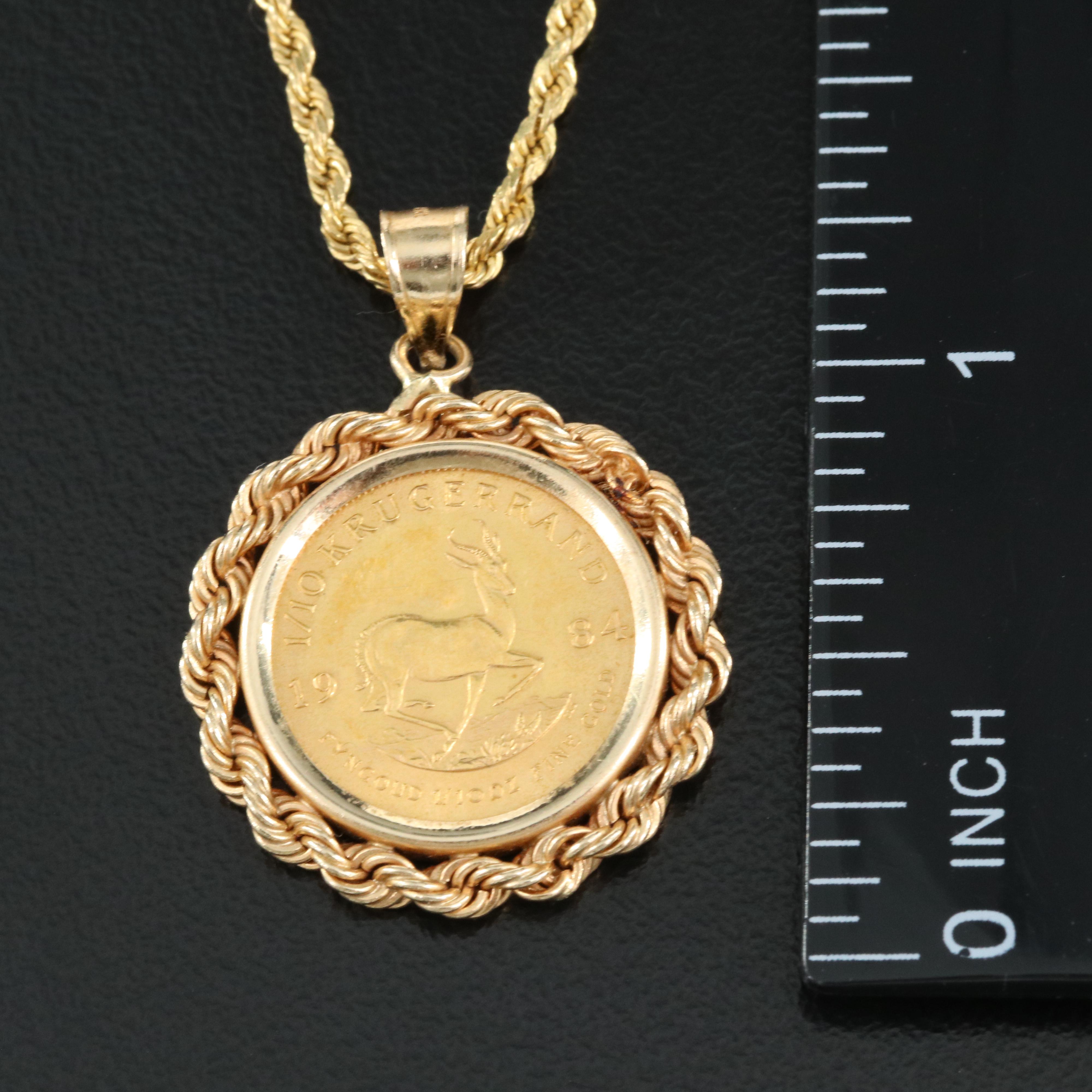 14K Necklace Holding a 1984 South African Gold Krugerrand Bullion Coin ...