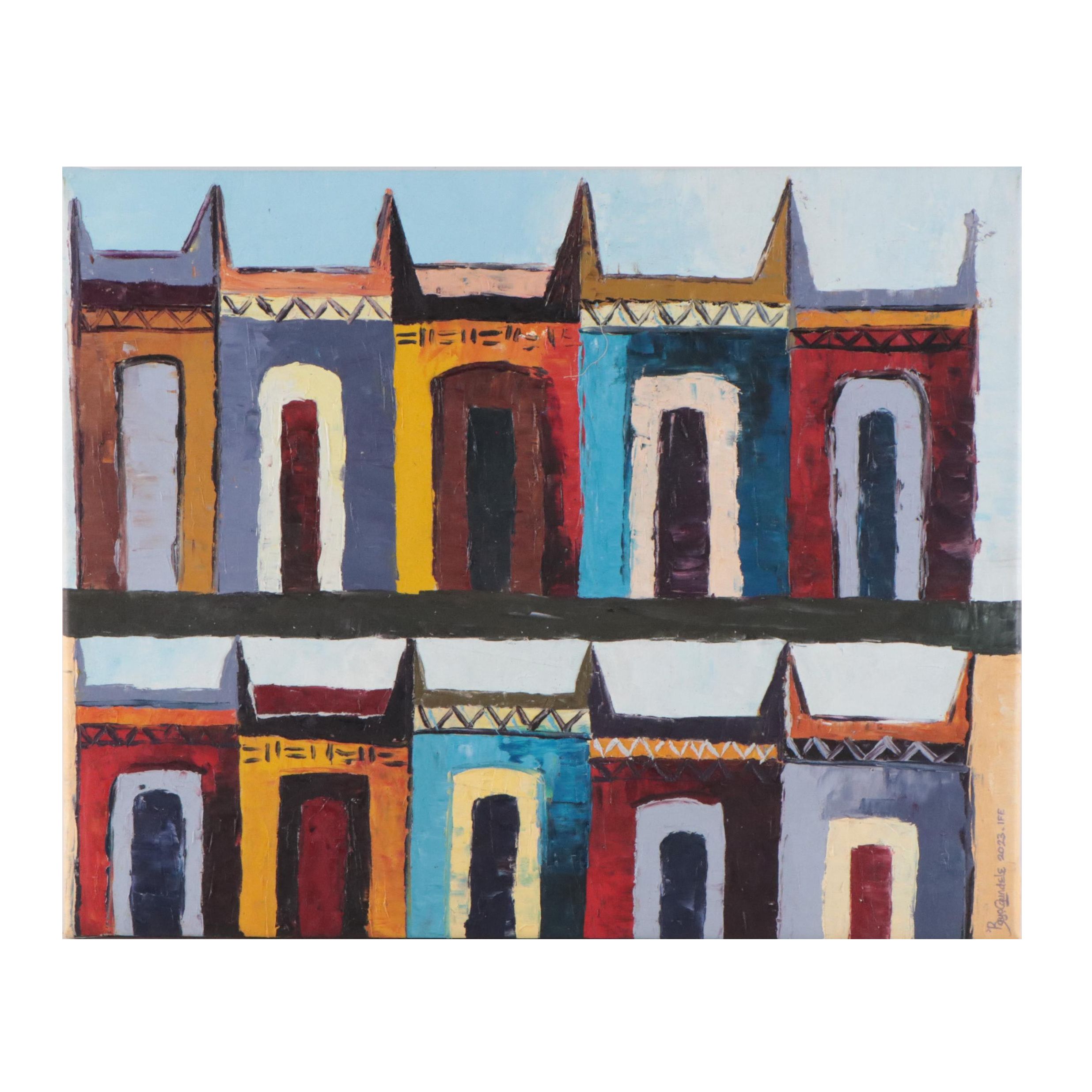 Bayo Ogundele Stylized Oil Painting "Northern Houses," 2023 | EBTH