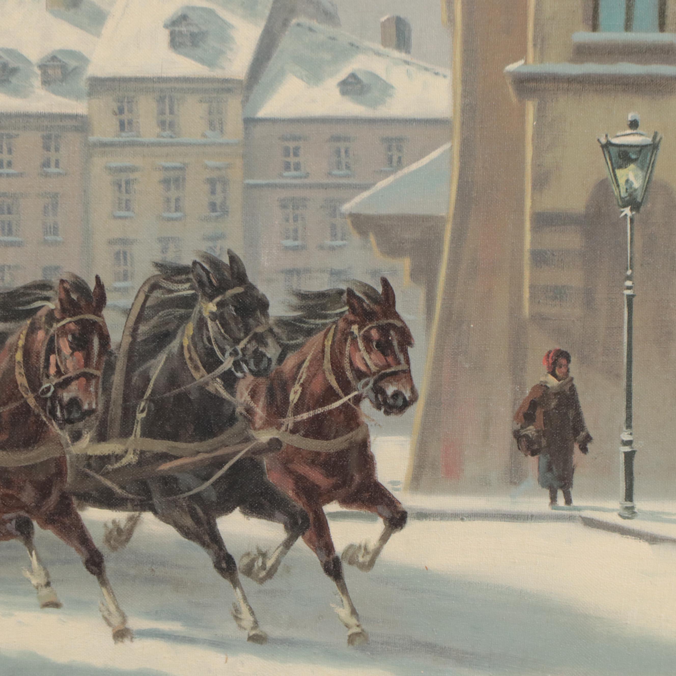 Georges Csapó Winter Street Scene Oil Painting with Horse-drawn Sleigh | EBTH