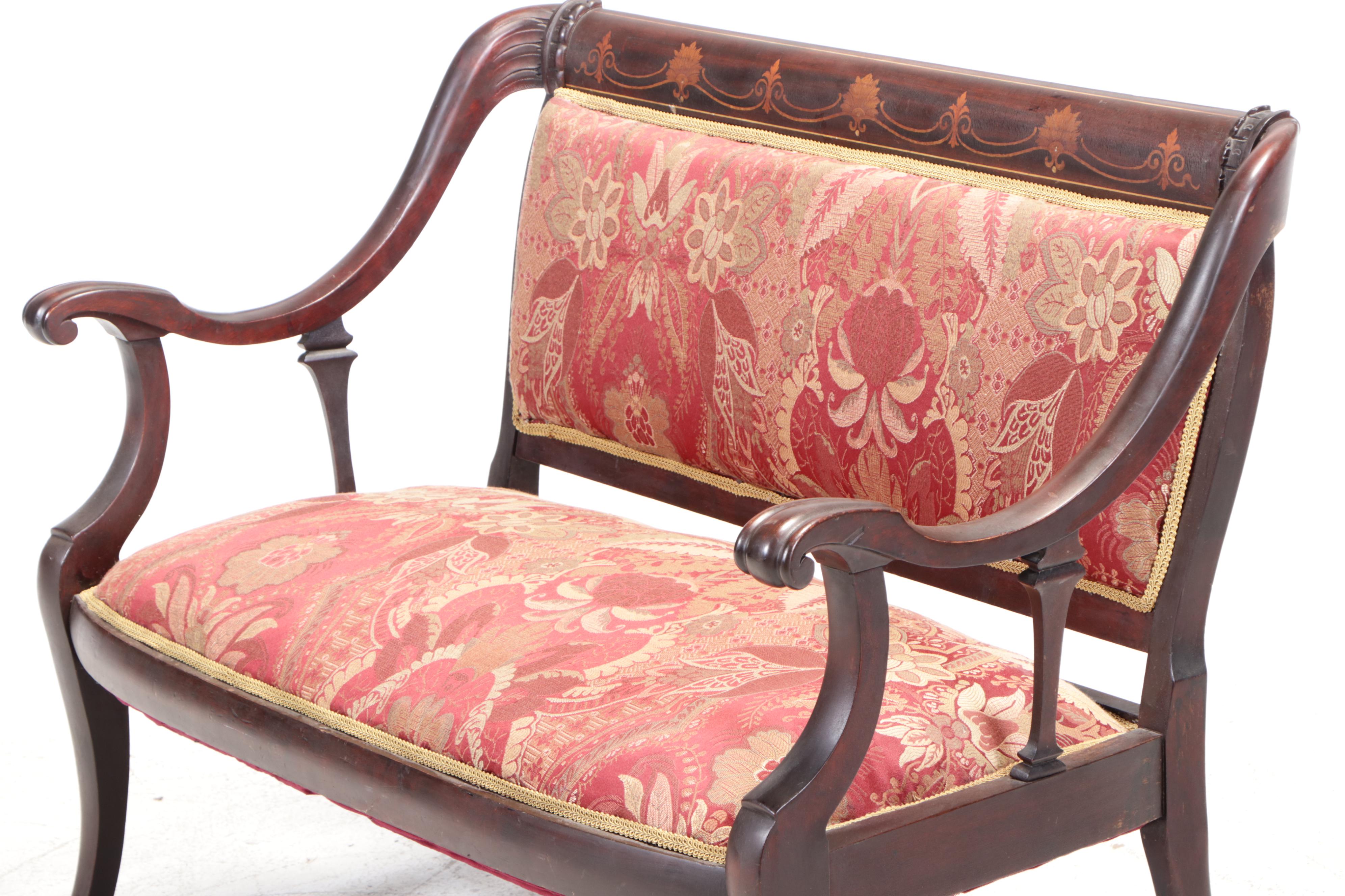 Colonial Revival Marquetry and Mahogany-Finish Hardwood Upholstered ...