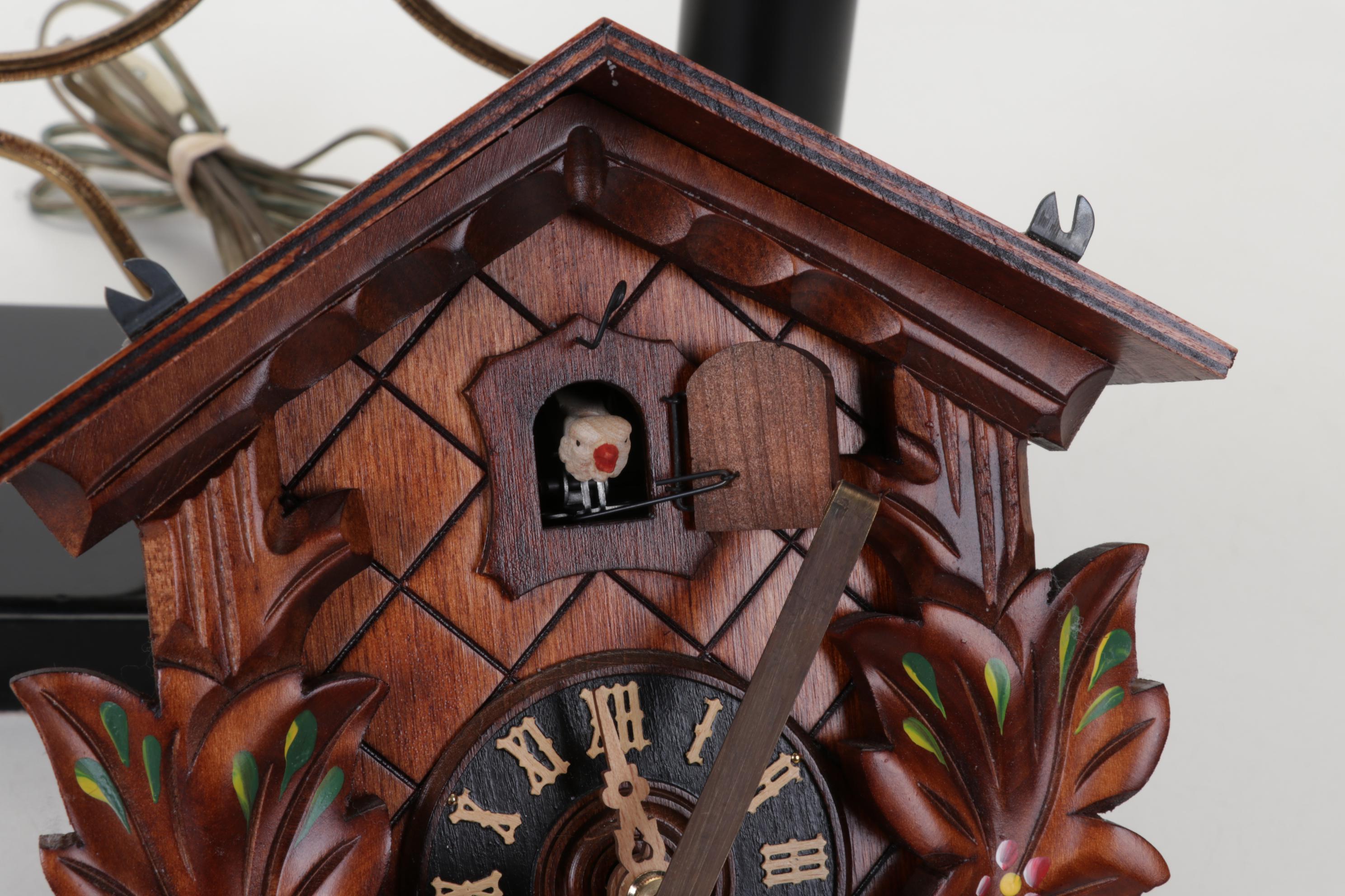 Double Bouillotte Brass Table Lamp with Carved Wood Black Forest Cuckoo ...