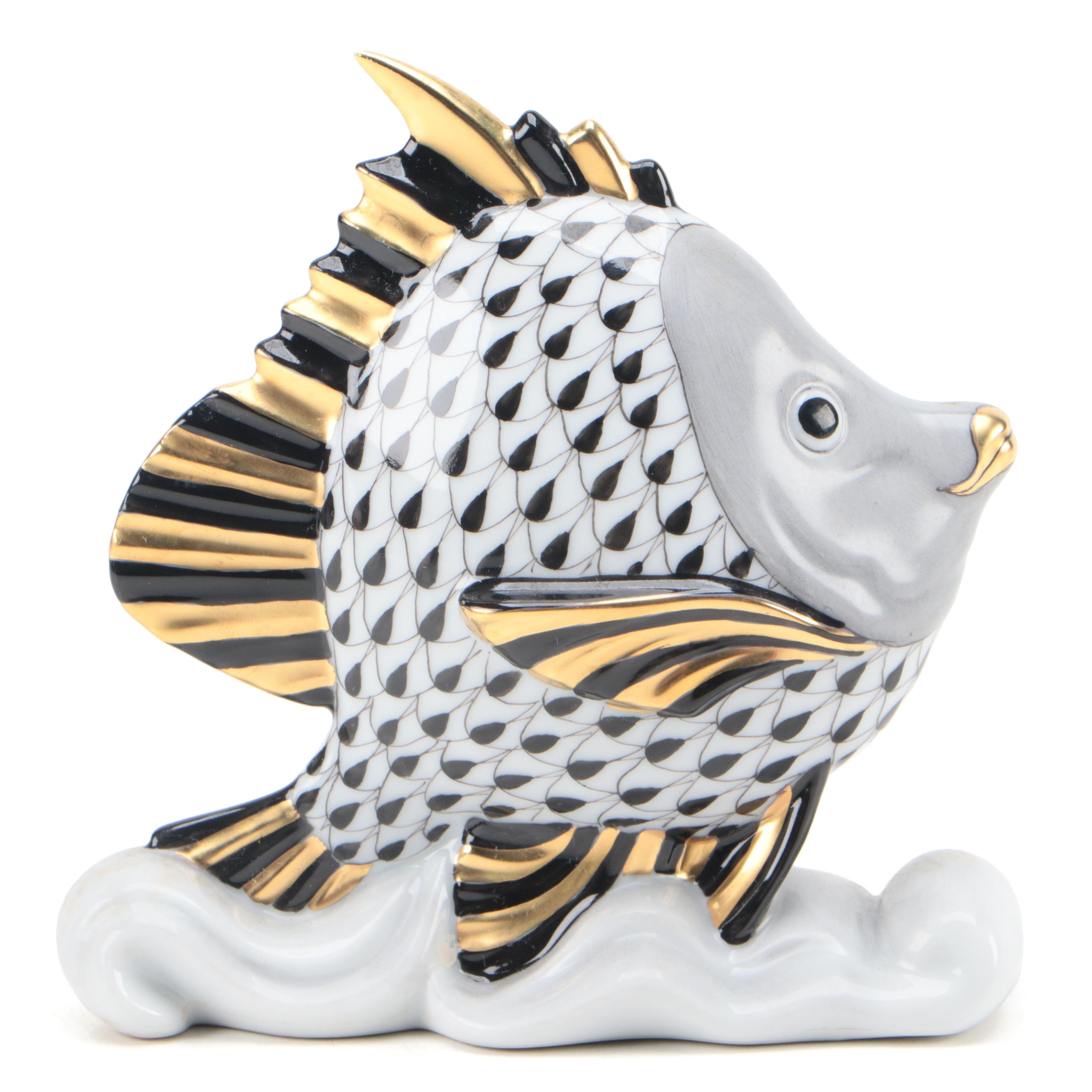 Herend Black Fishnet with Gold "Tropical Fish on Wave" Porcelain ...
