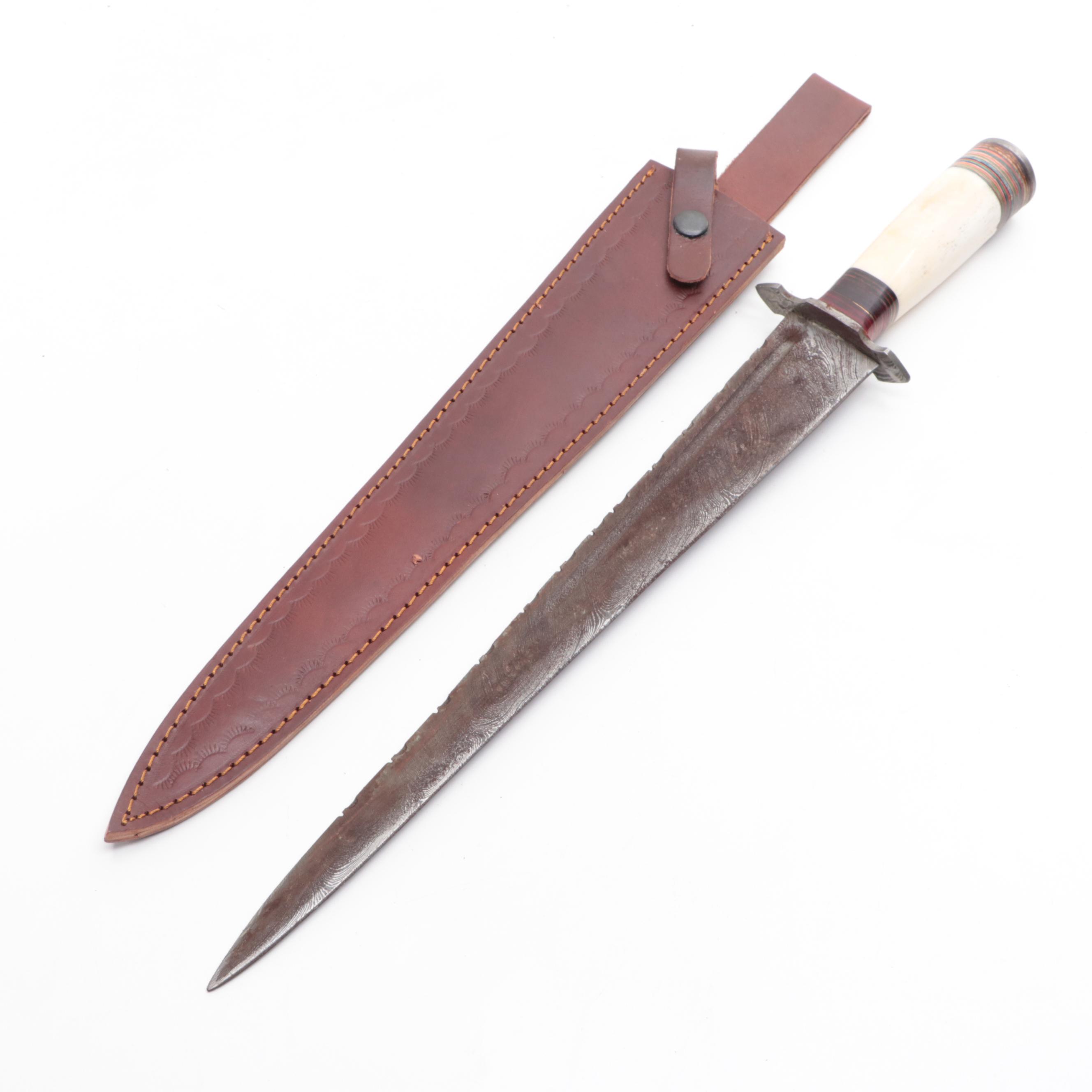 Bone Handled and Damascus Steel Dagger with Leather Scabbard | EBTH
