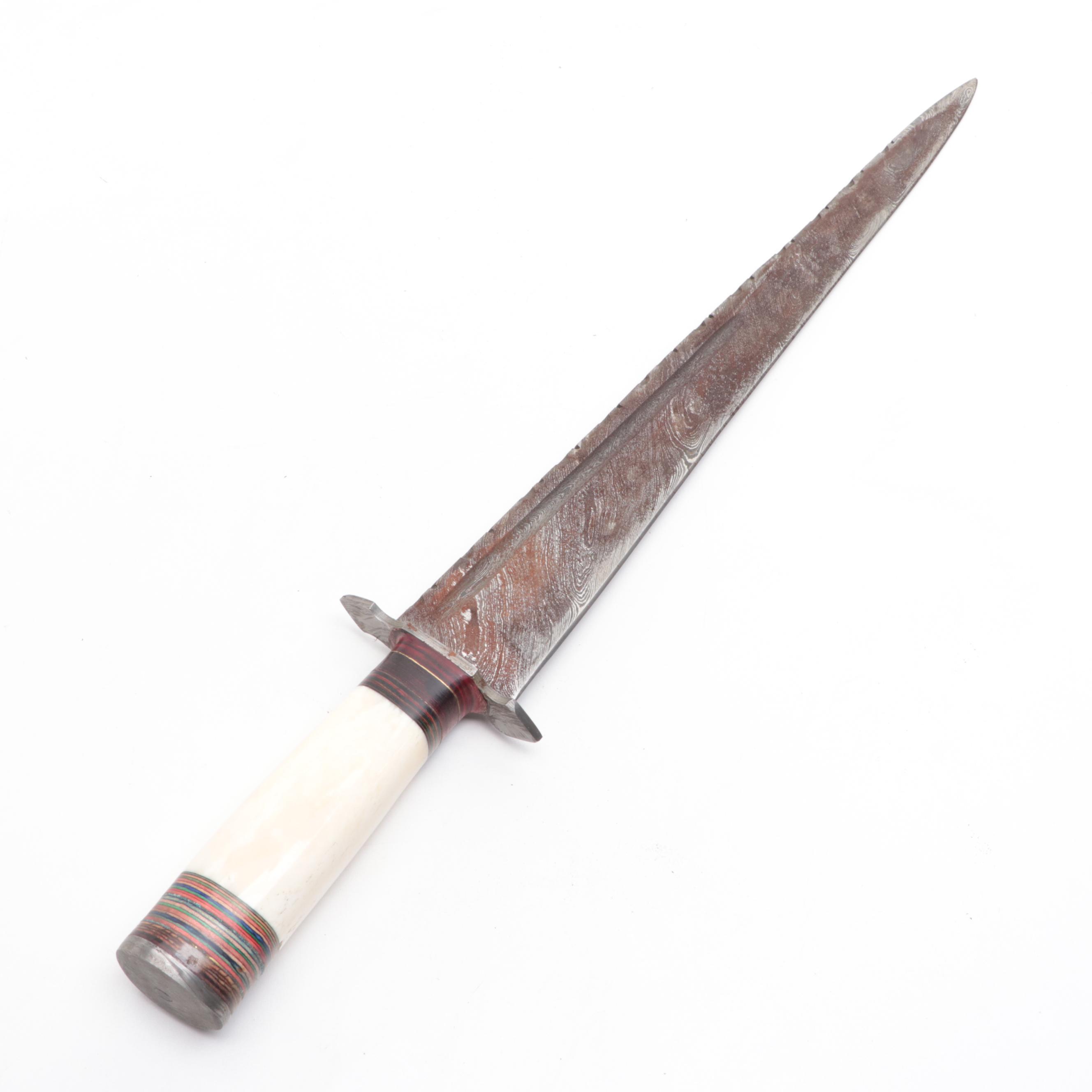 Bone Handled and Damascus Steel Dagger with Leather Scabbard | EBTH