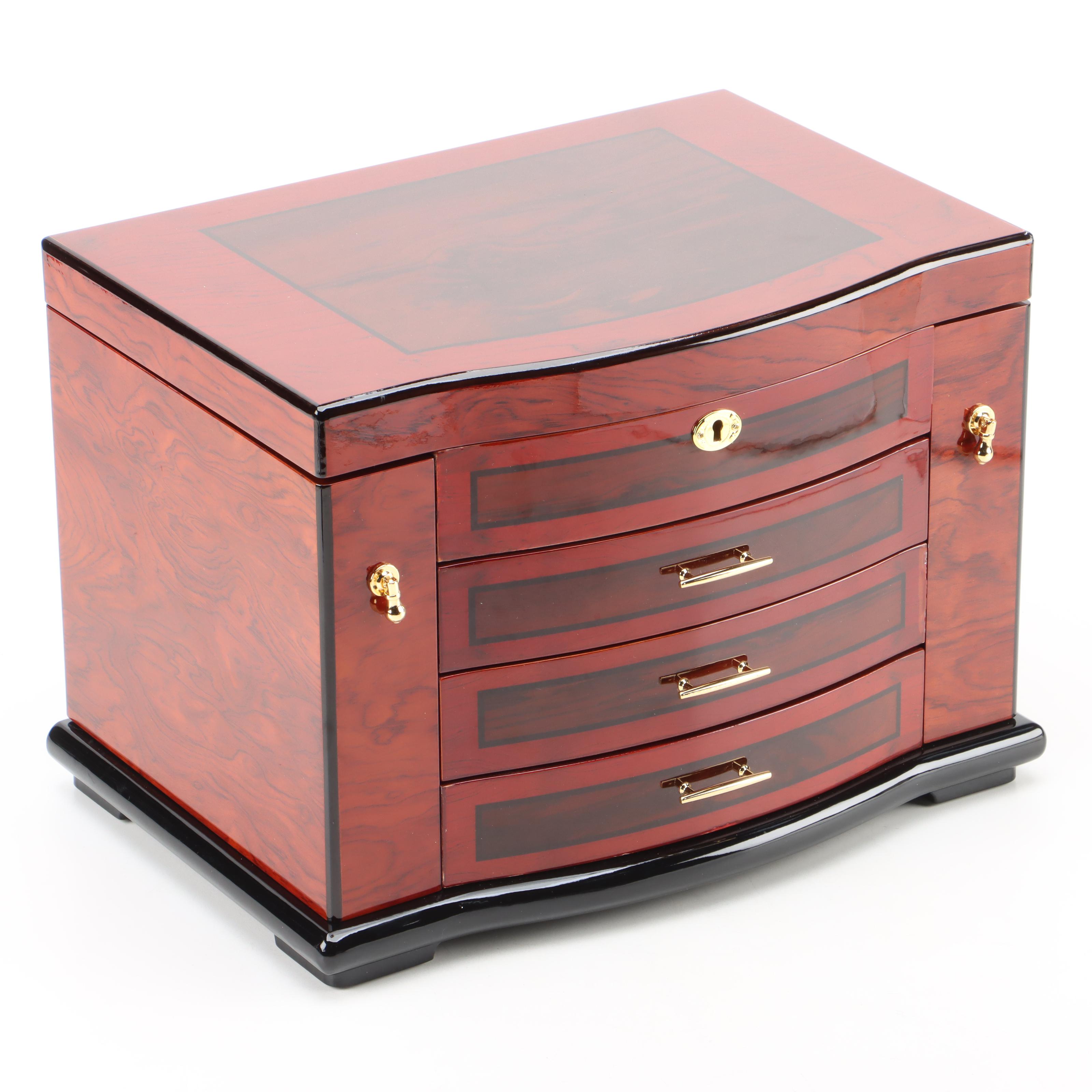 Jere High Gloss Poplar Burl Wood Inlay Swing Arm Jewelry Chest | EBTH