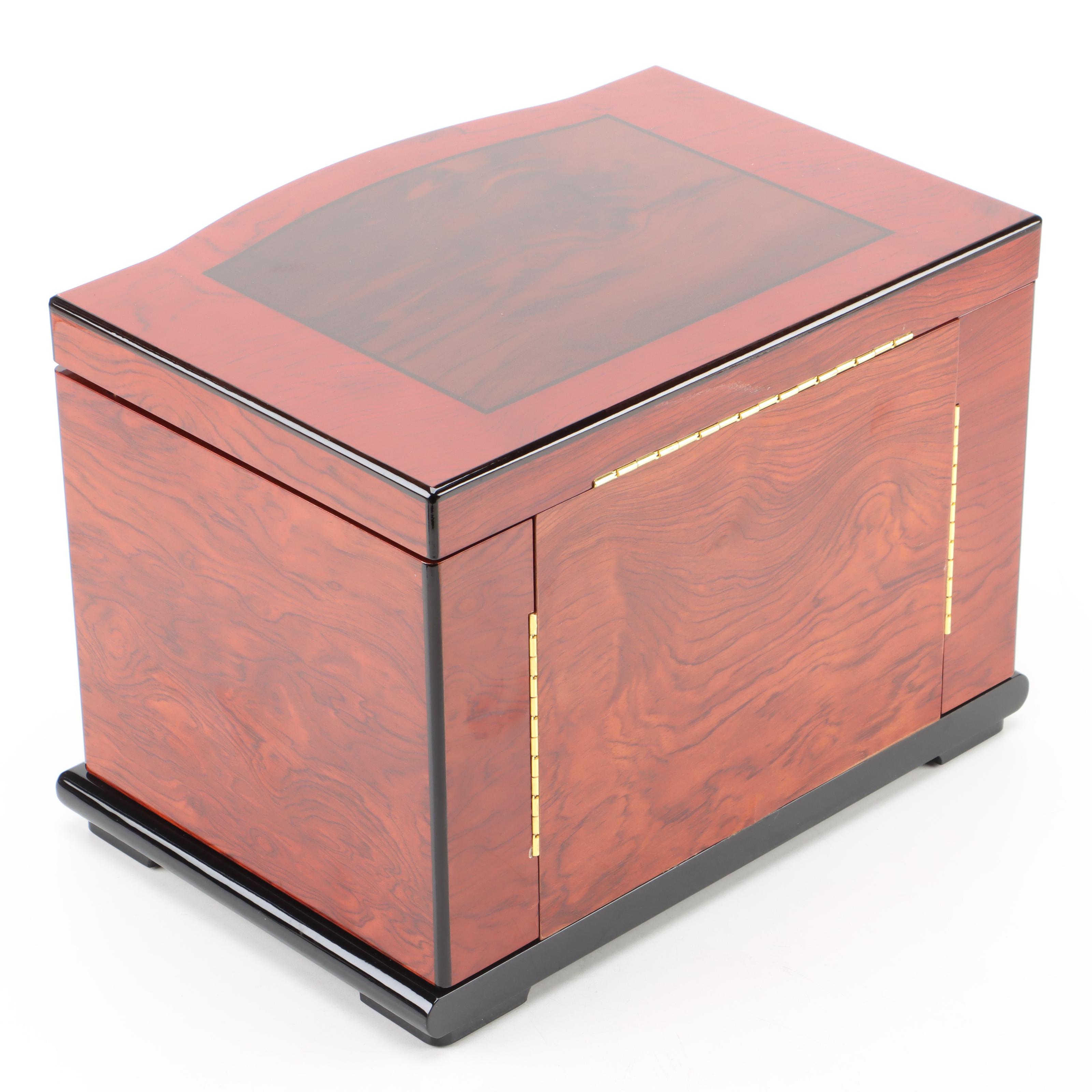 Jere High Gloss Poplar Burl Wood Inlay Swing Arm Jewelry Chest | EBTH