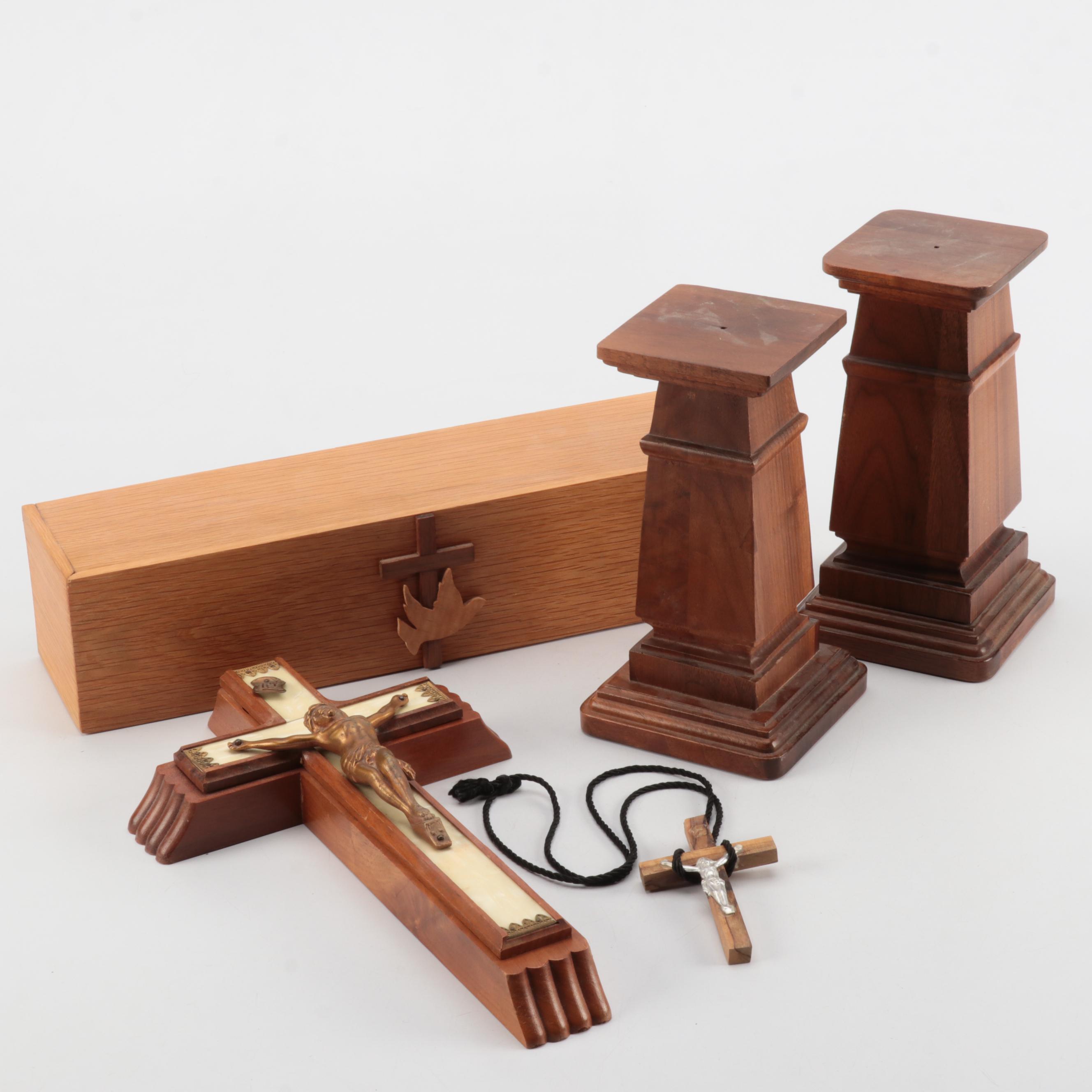 Catholic Sick Call Box With Walnut Pillar Candle Holders, Crucifix and ...