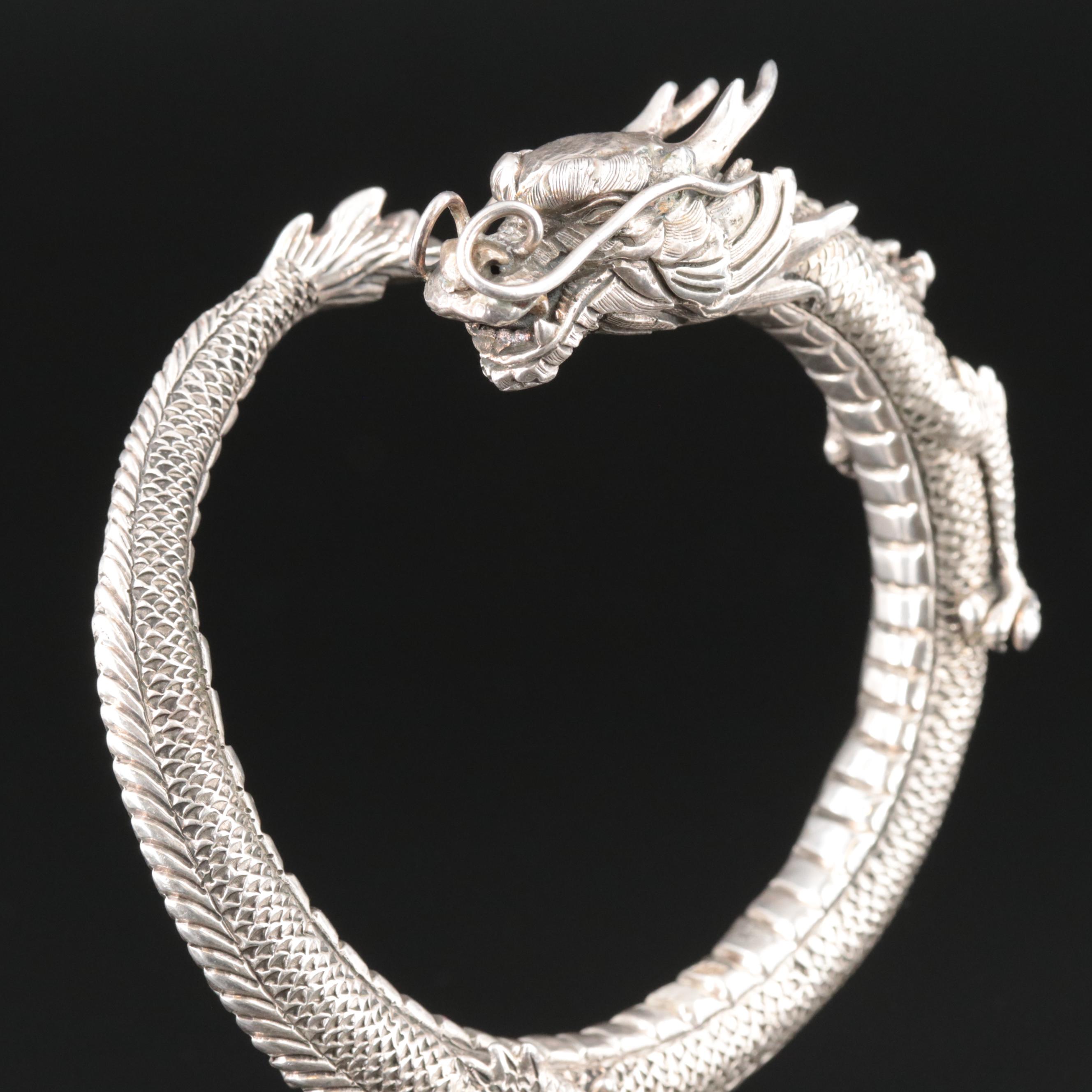 Antique Chinese Fine Silver Dragon Bangle | Everything But The House