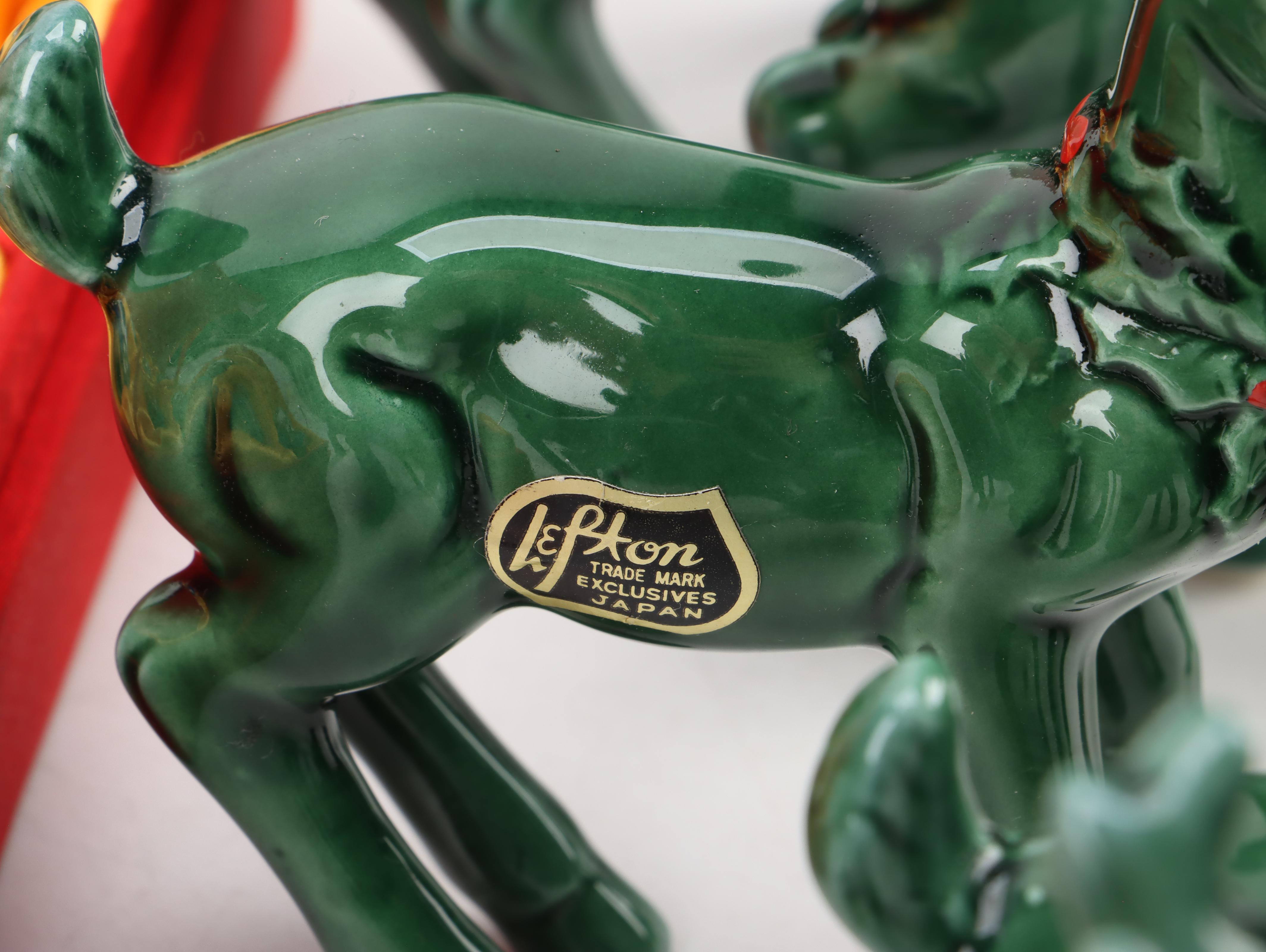 Lefton Ceramic Holly Reindeer and Sleigh with Cloisonné Panda Ornaments ...