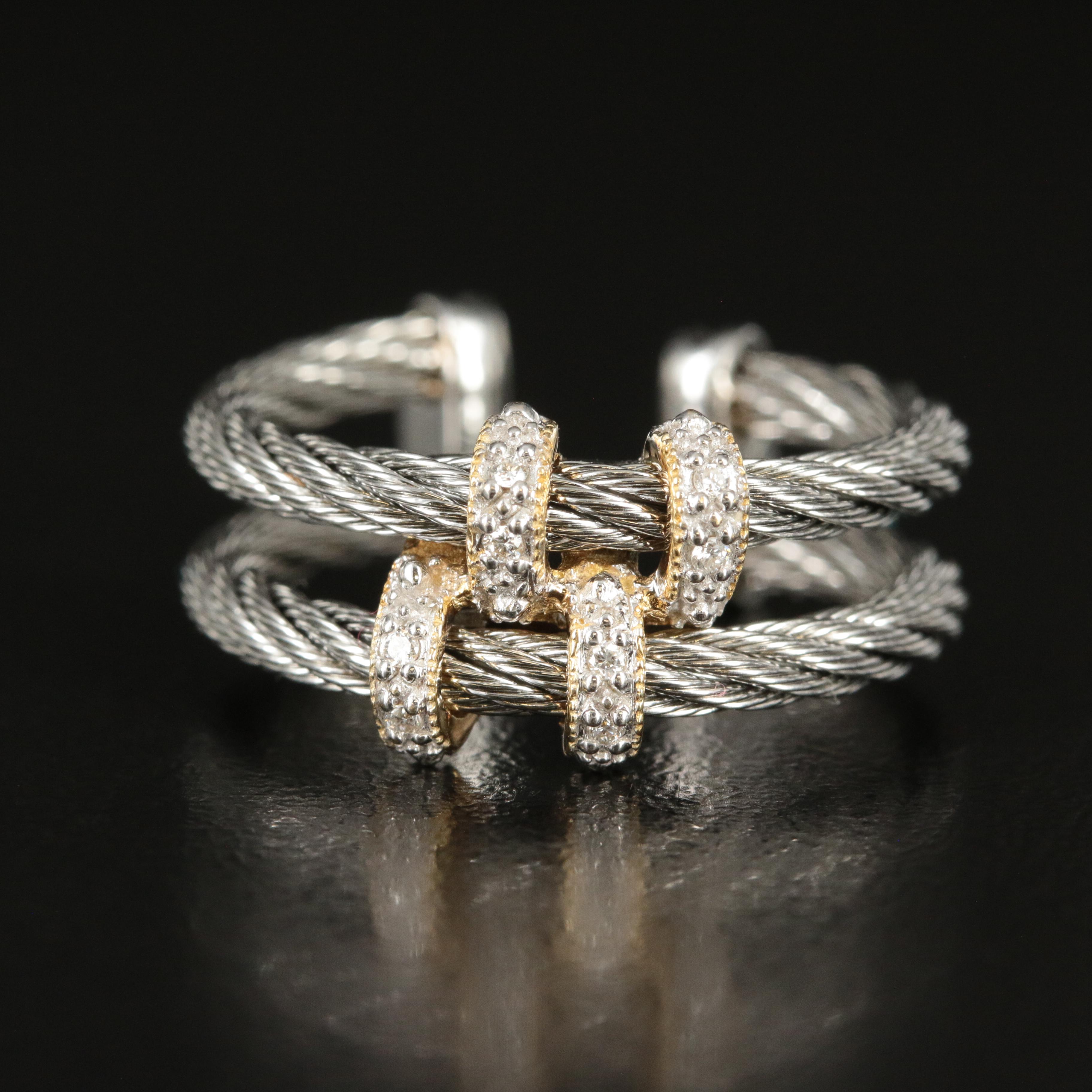 Charriol Stainless Steel, 18K and Diamond Wrap Stations Open Cable Ring ...