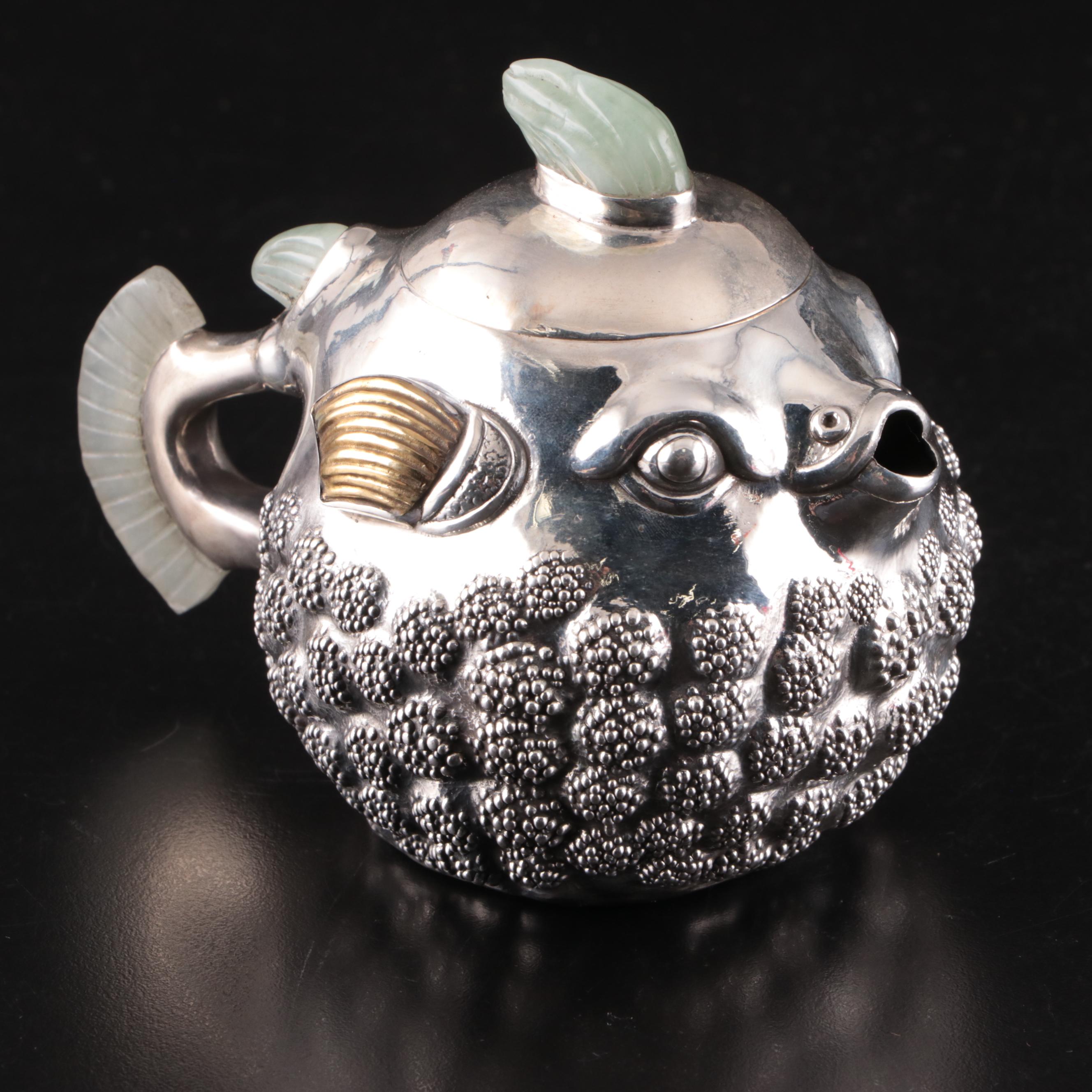 Japanese 999 Silver and Carved Serpentine Puffer Fish Teapot | EBTH