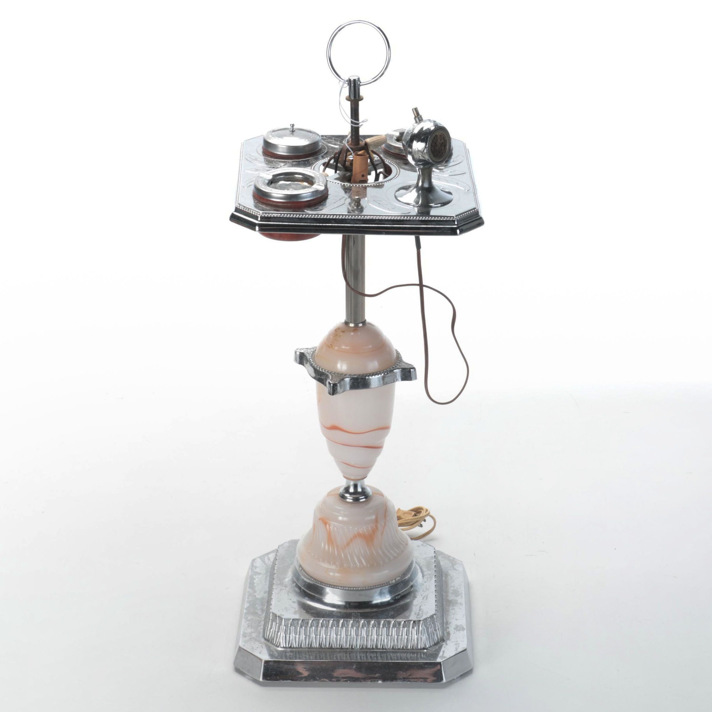 Art Deco Slag Glass and Metal Illuminated Smoking Stand with ...